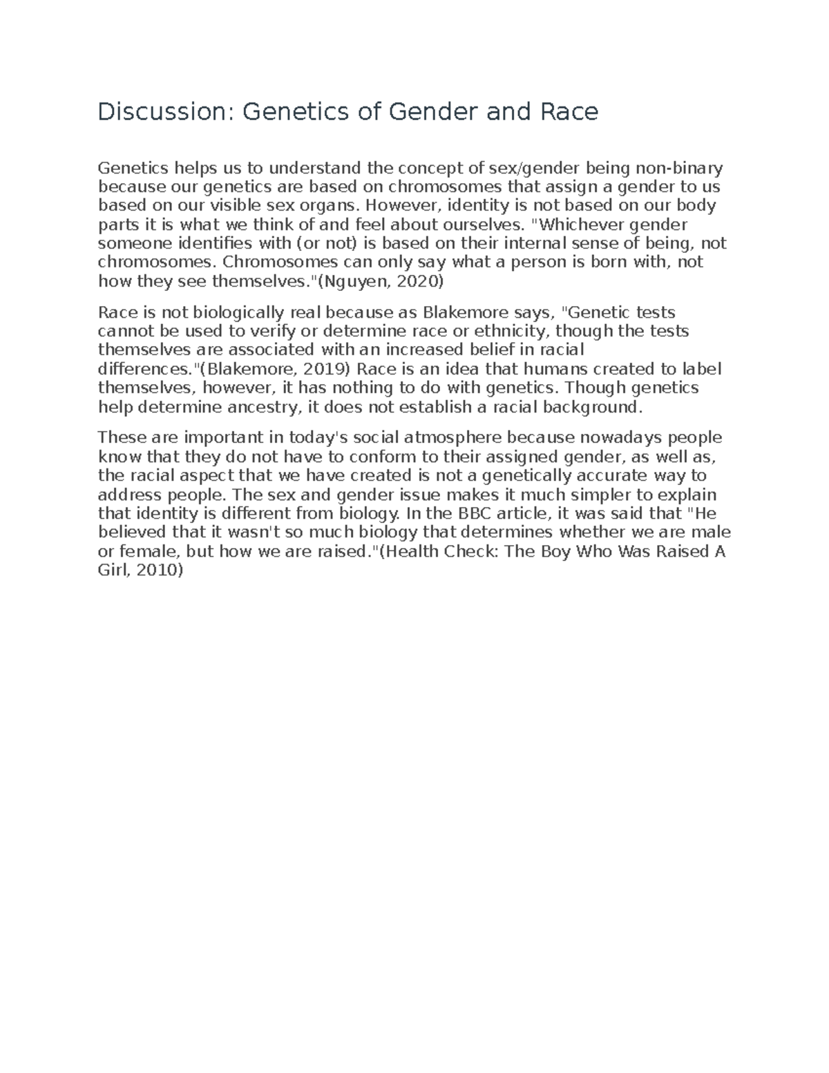 Discussion #1-Anthro - Discussion: Genetics of Gender and Race Genetics ...