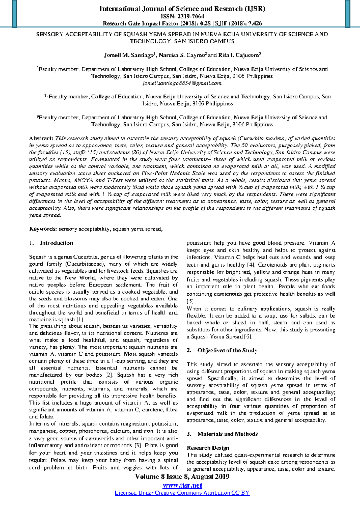 Ijsrsquashyemaspread - ISSN: 2319- 7064 Research Gate Impact Factor ...