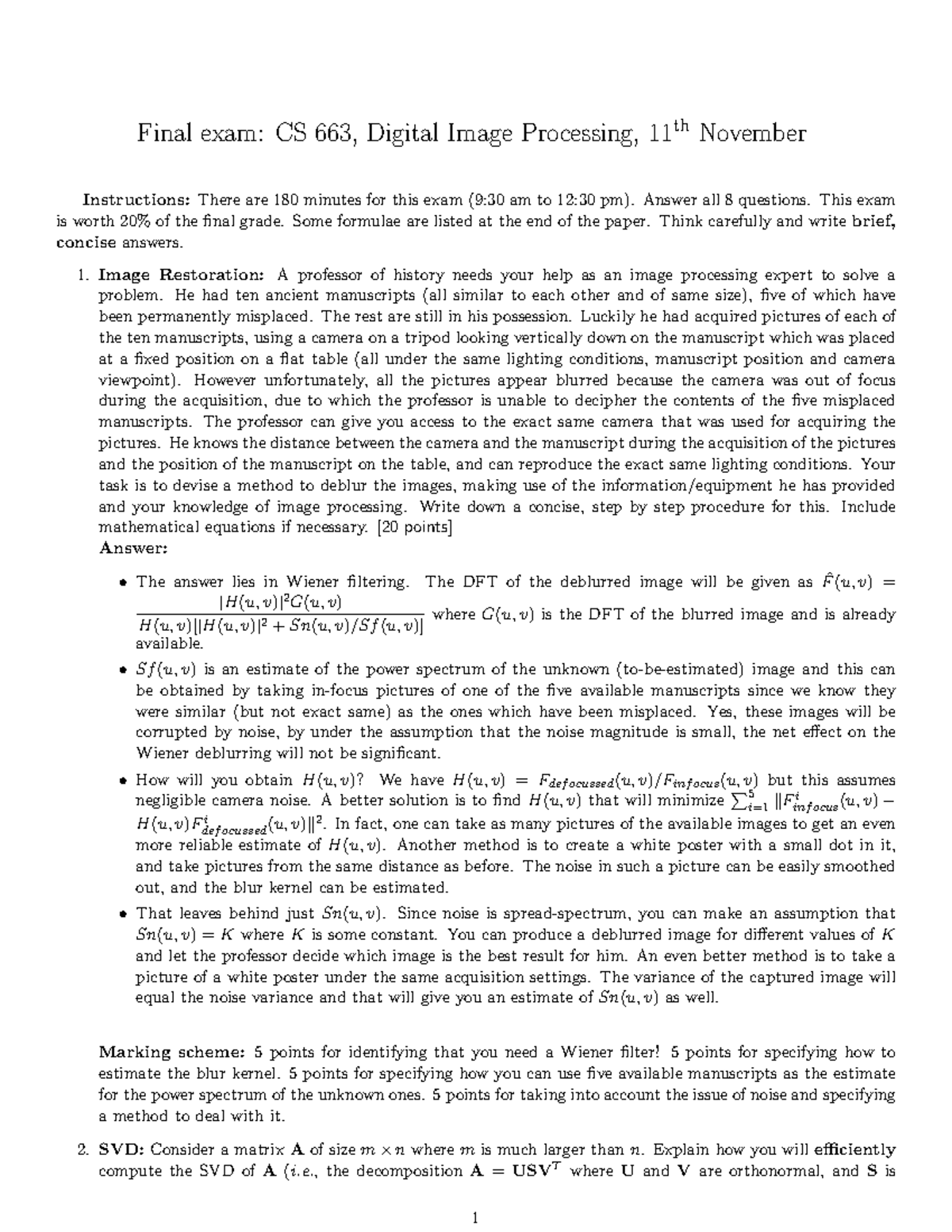 Old endsem - Digital Image Processing - Final exam: CS 663, Digital ...