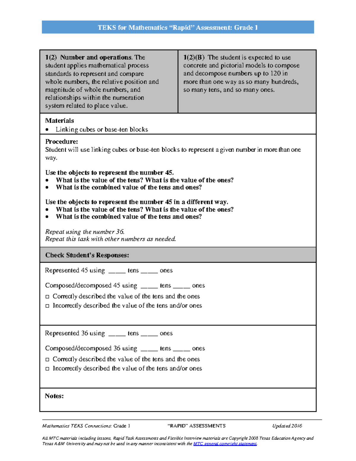 MTCK2 Rapids Grade 1 - Mathematics TEKS Connections: Grade 1 “RAPID ...