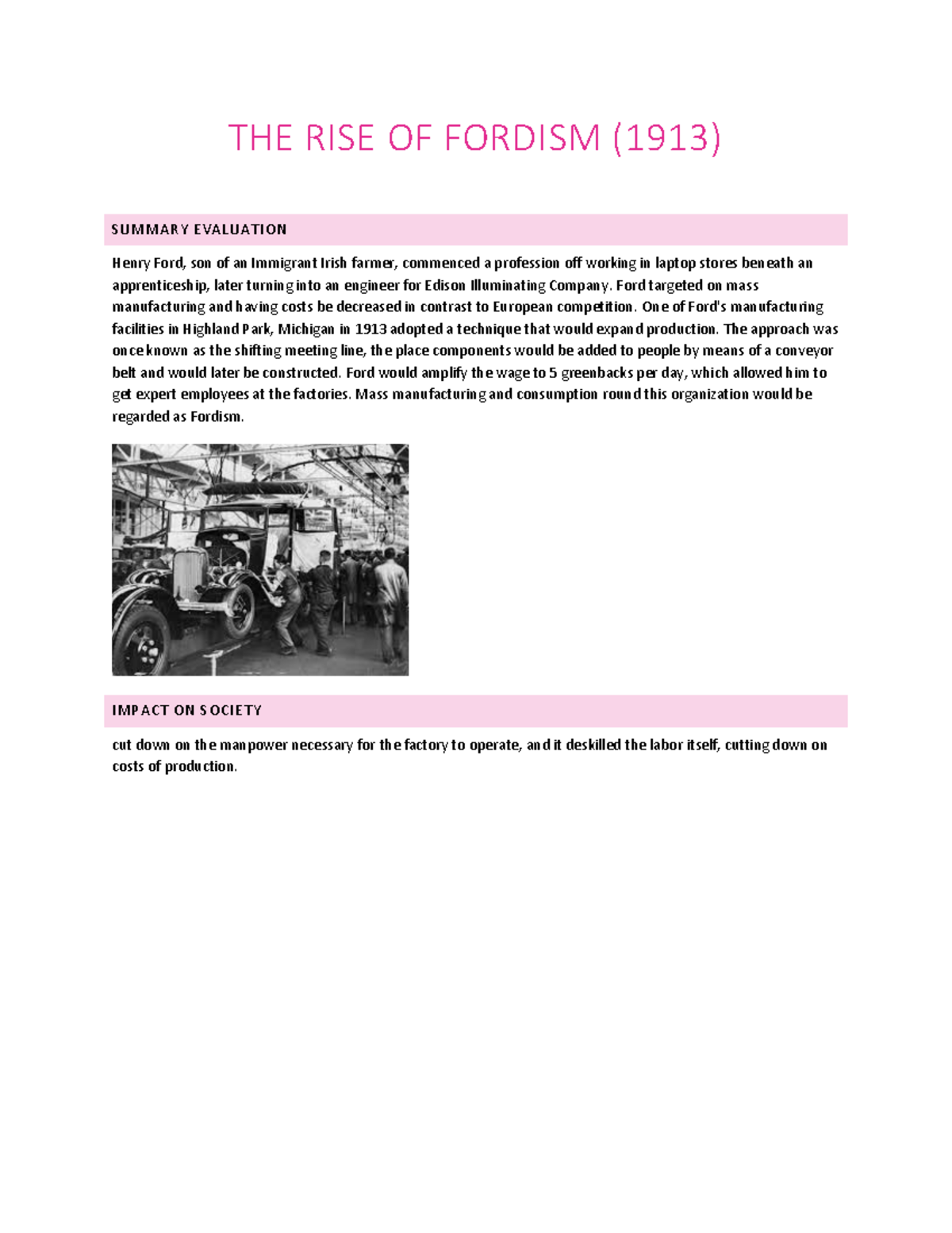 The Rise of Fordism (1913) Summary Evaluation - THE RISE OF FORDISM ...