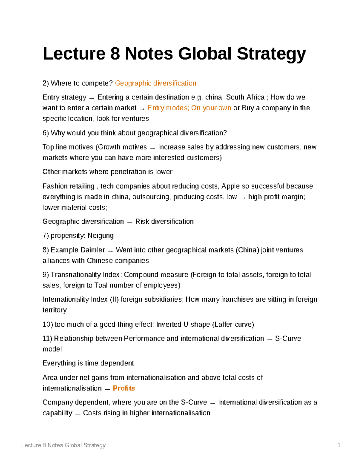 MAN 301 Lecture 8 Notes - Lecture 8 Notes Global Strategy 1 Lecture 8 ...