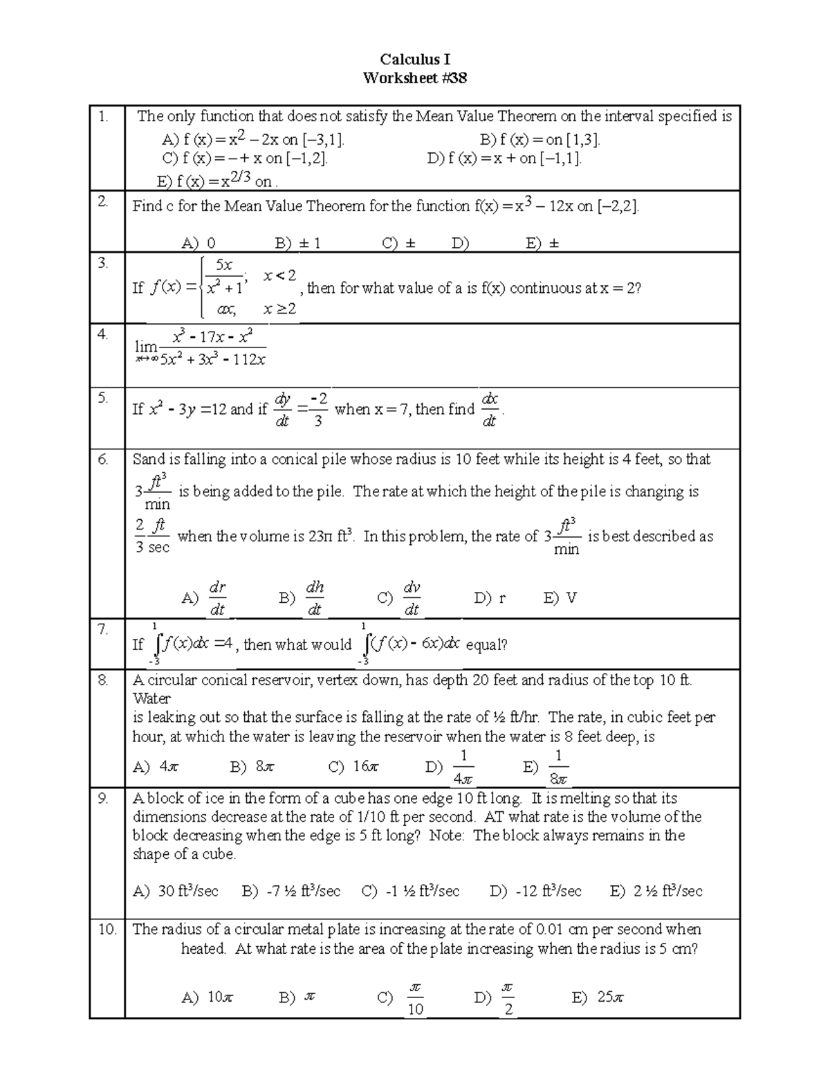 AB Ws 038 MVT Related Rates - Calculus I Worksheet # The only function ...