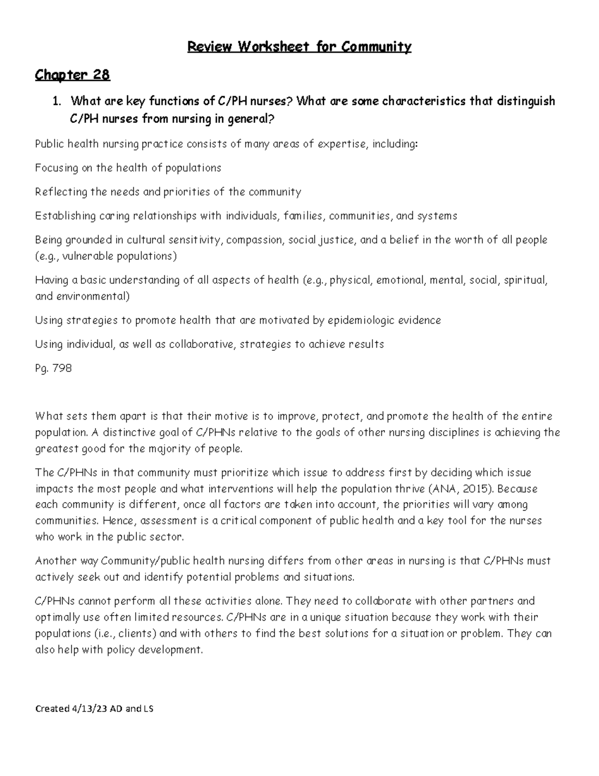 Copy of Unit 7 Review Worksheet for Community - Review Worksheet for ...