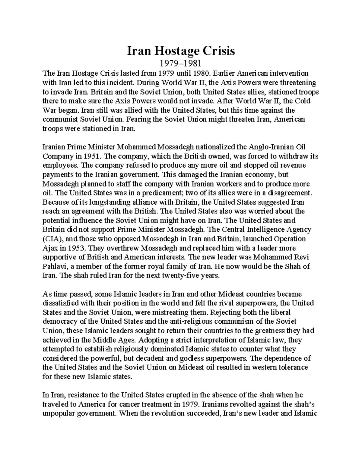 Iran Hostage Crisis Activity - Iran Hostage Crisis 1979– The Iran ...