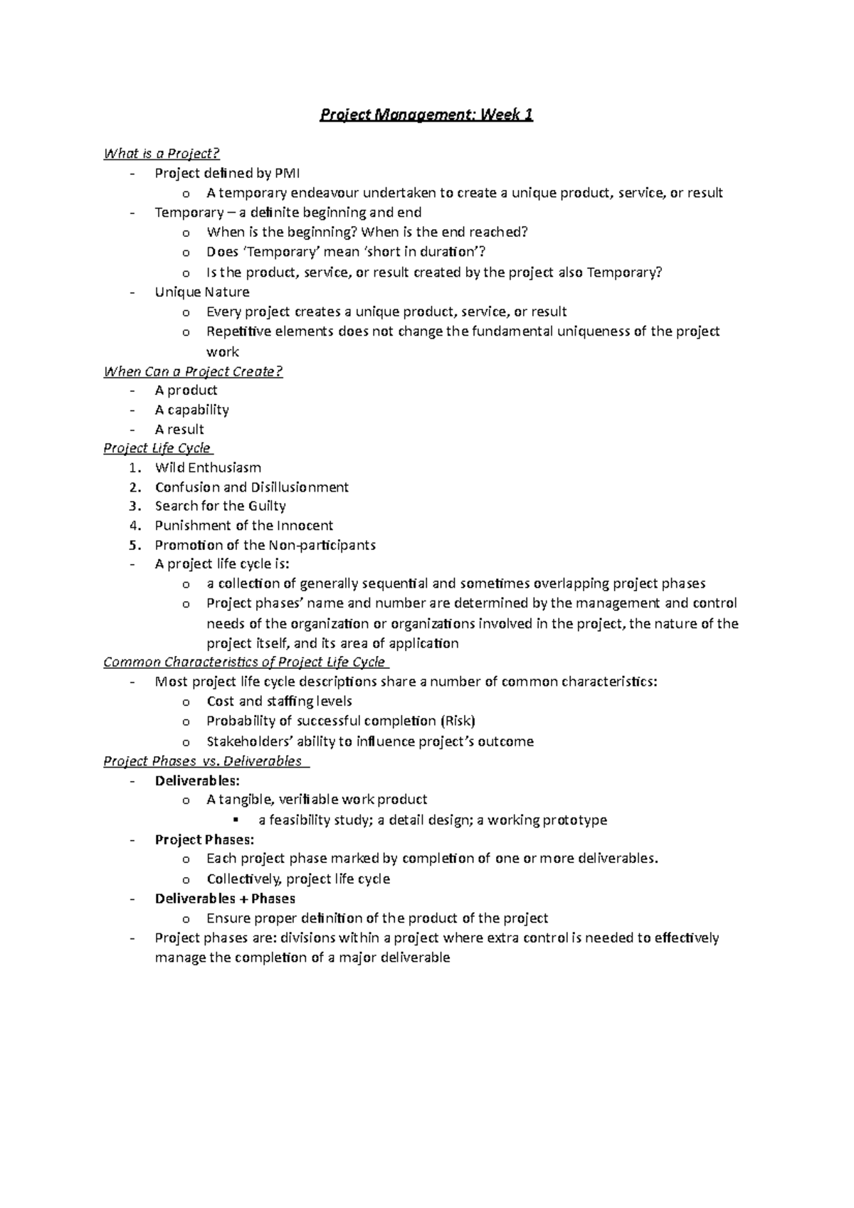 Project Management Notes - Project Management: Week 1 What is a Project ...