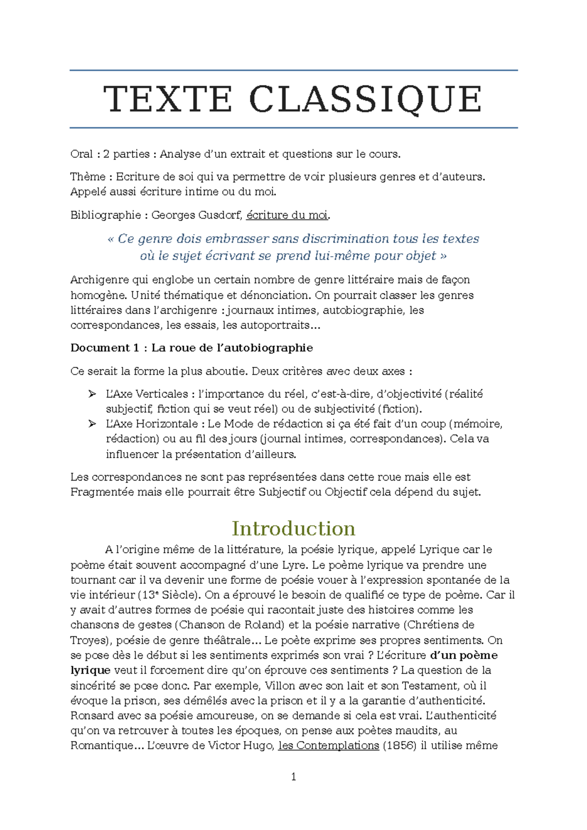 Texte Classique - TEXTE CLASSIQUE Oral : 2 parties : Analyse d’un ...