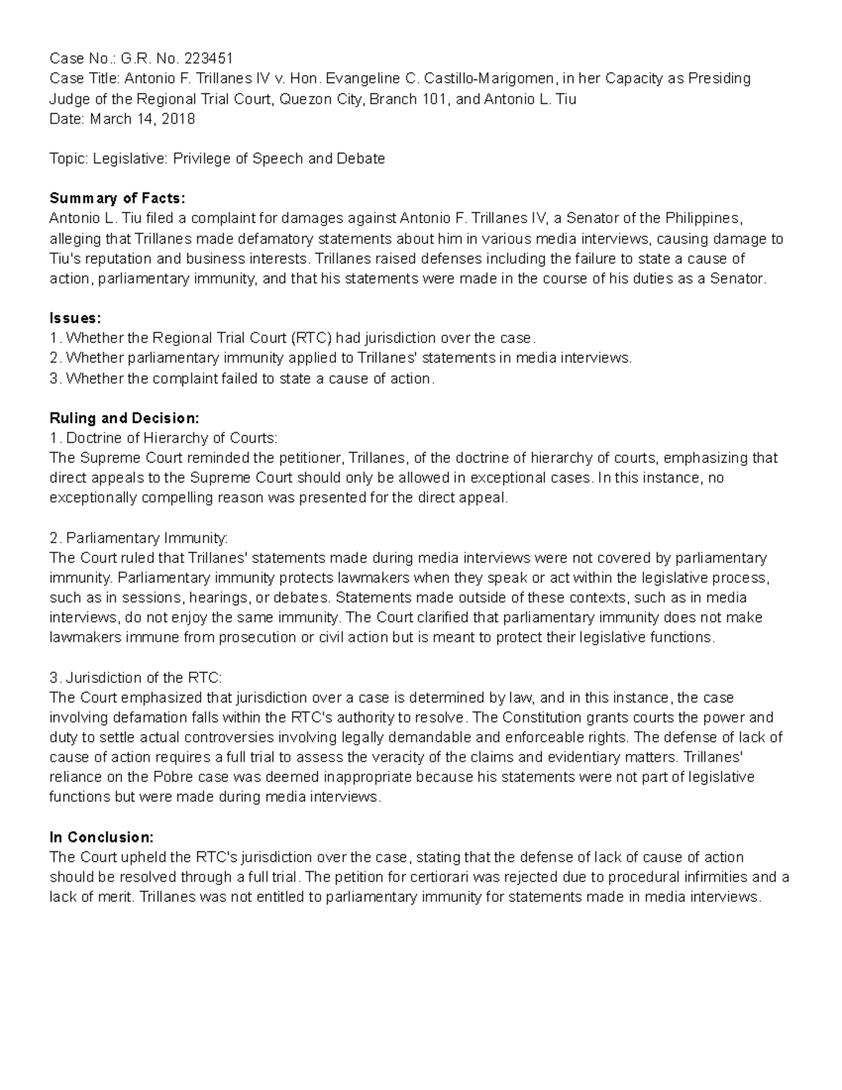 G.R. No. 223451 - Topic Legislative Privilege of Speech and Debate ...