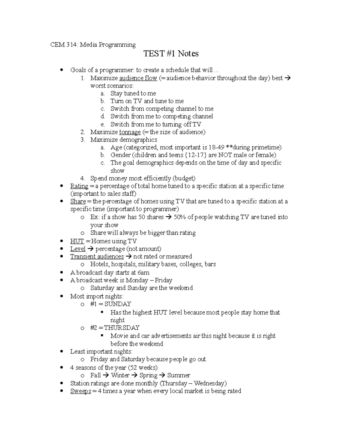 Test #1 notes - Summary Broadcast And Cable Programming - CEM 314 ...