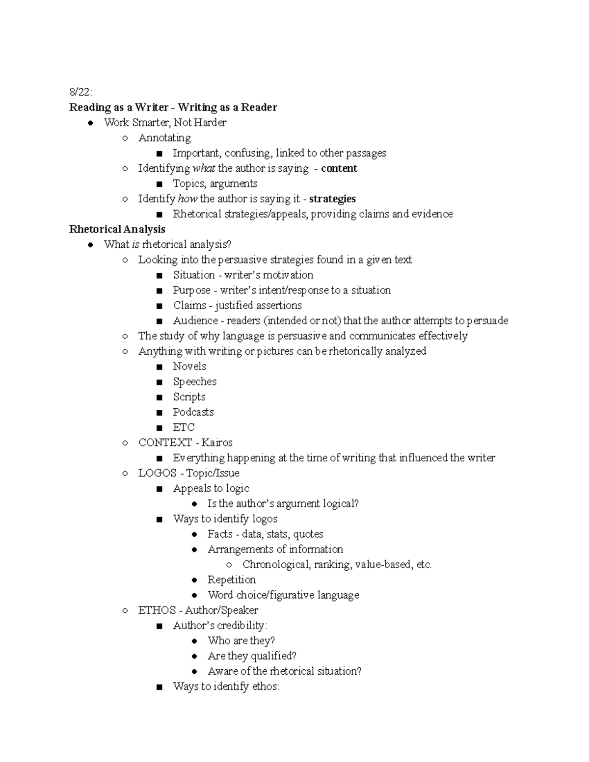 ENG 104 Notes - 8/22: Reading as a Writer - Writing as a Reader Work ...