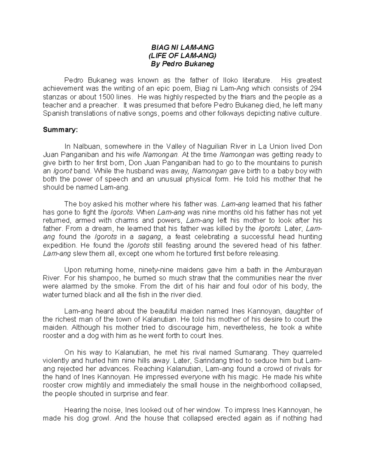 Biag ni Lam Ang Region 1 - Short story - BIAG NI LAM-ANG (LIFE OF LAM ...