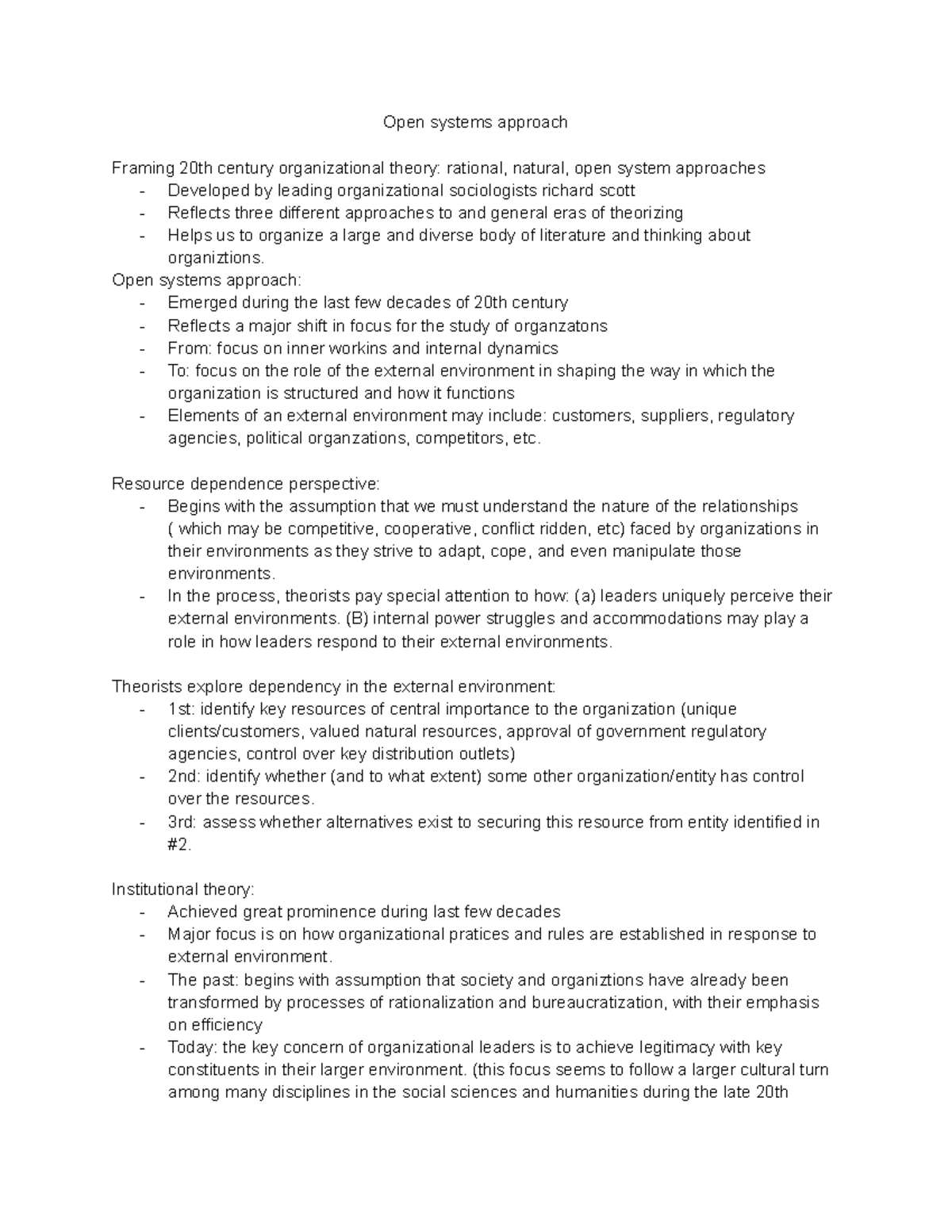 SOCL 462 notes 2 - Open systems approach Framing 20th century ...