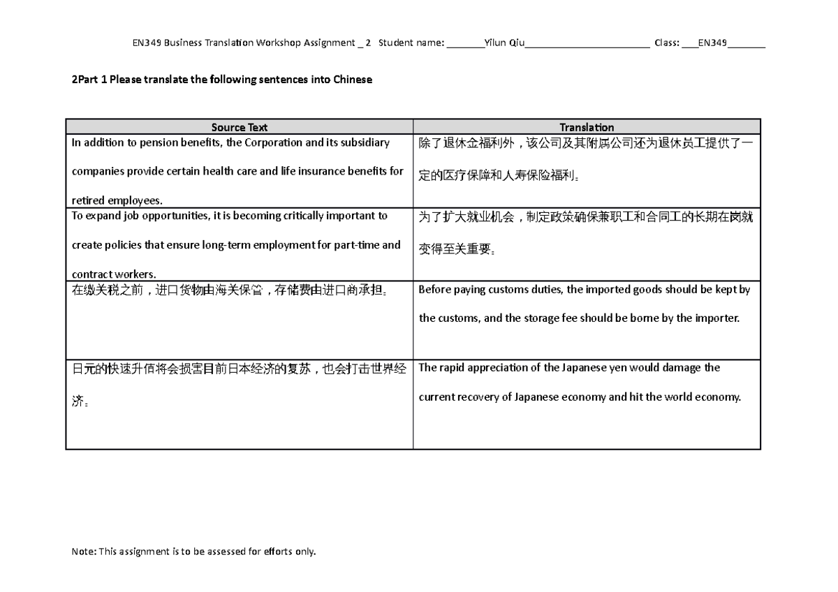 EN349 Translation tutorial assignment 2 Yilun Qiu - EN349 Business ...