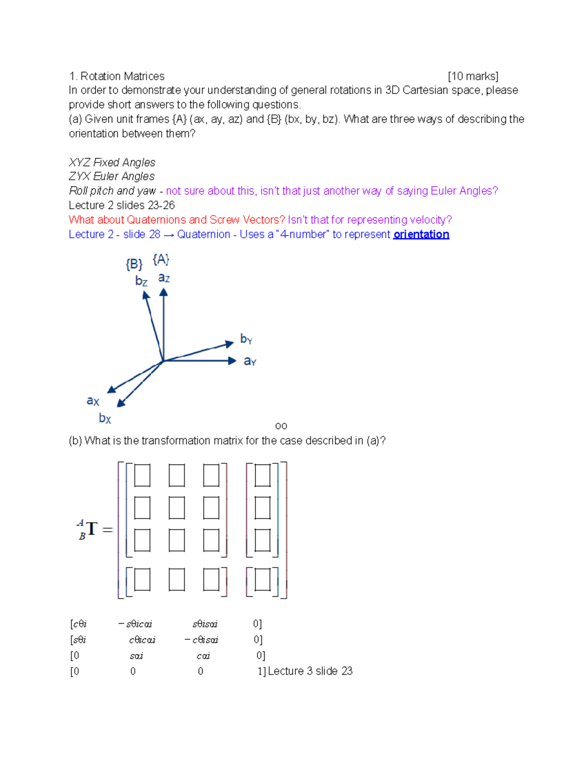Practice Exam 2012 Advanced Control And Robotics Questions And Answers 1 Rotation Matrices