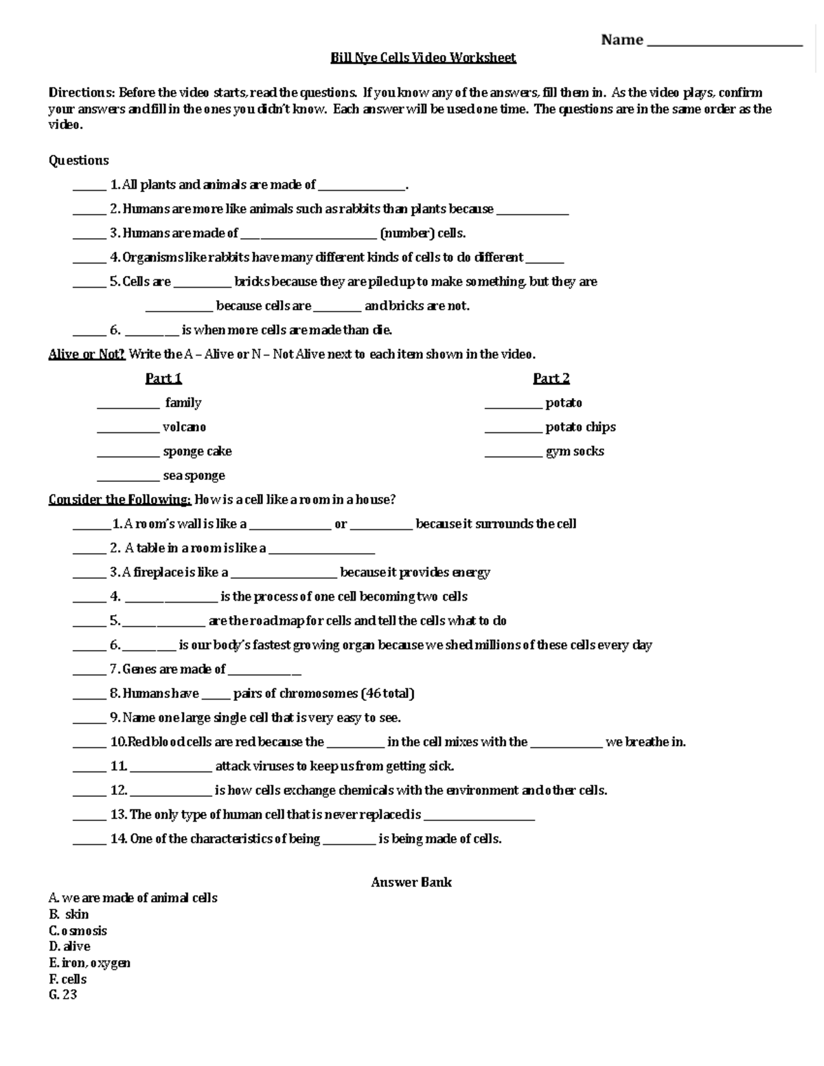 Bill nye cells video worksheet 11-12 - Bill Nye Cells Video Worksheet ...