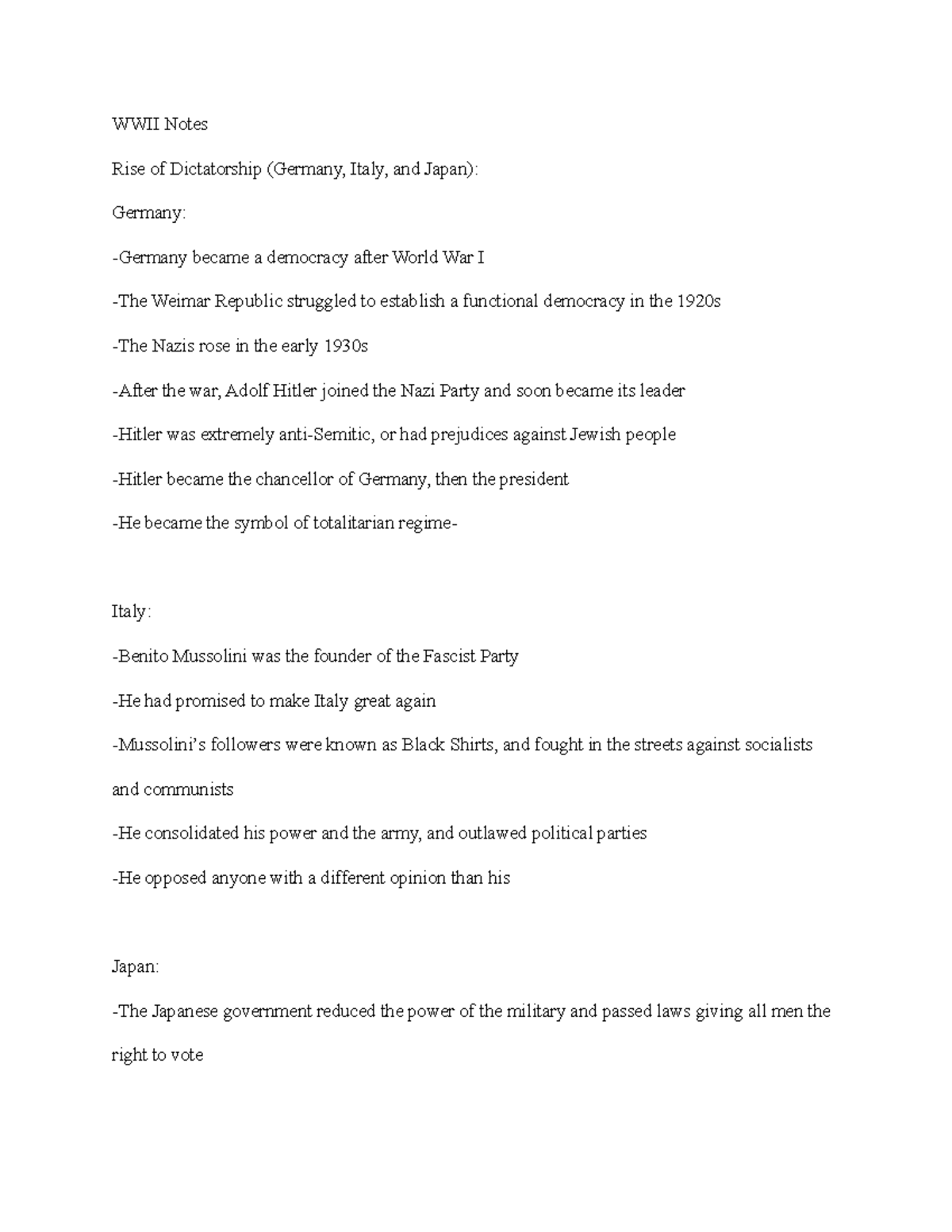 WWII Notes - towson university - WWII Notes Rise of Dictatorship ...