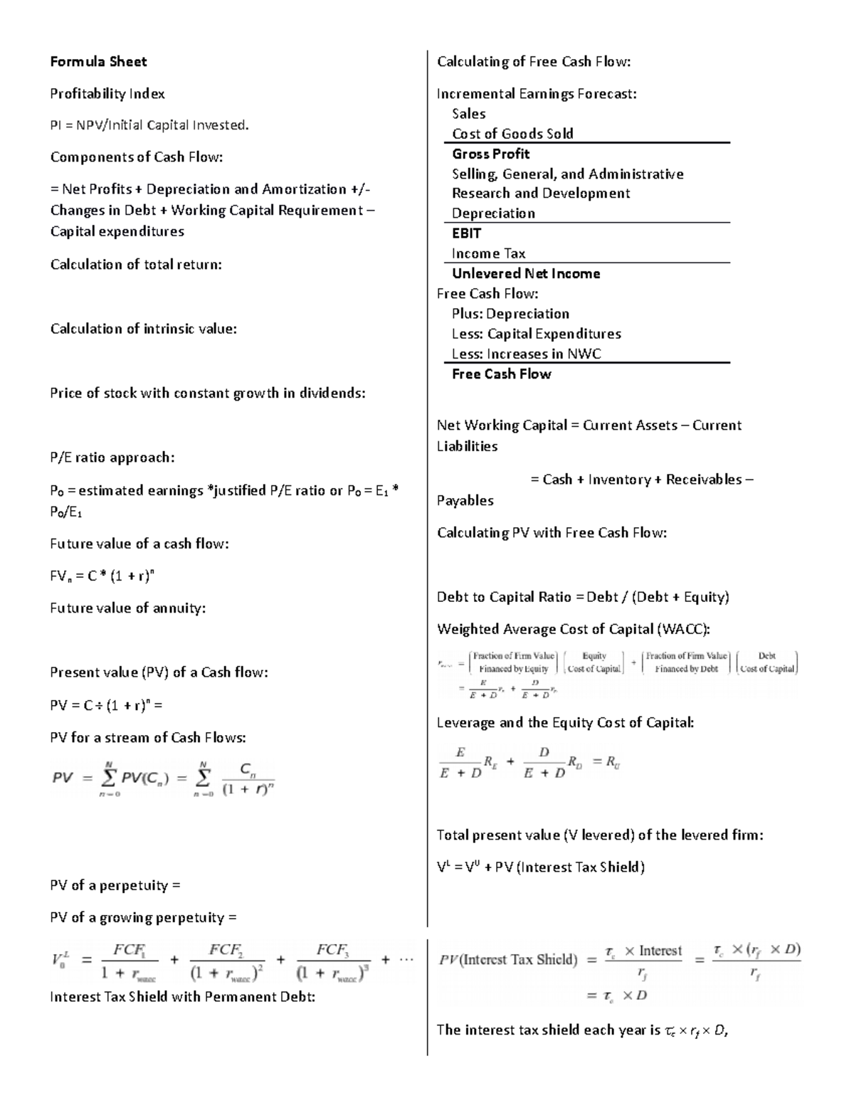 Formula Sheet - wwd - Formula Sheet Profitability Index PI = NPV ...