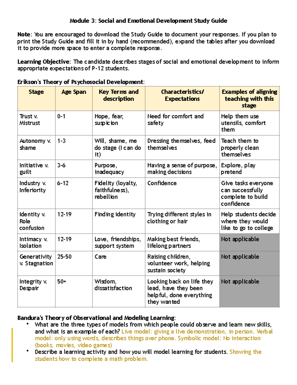 D094 study guide 3 - Module 3: Social and Emotional Development Study ...