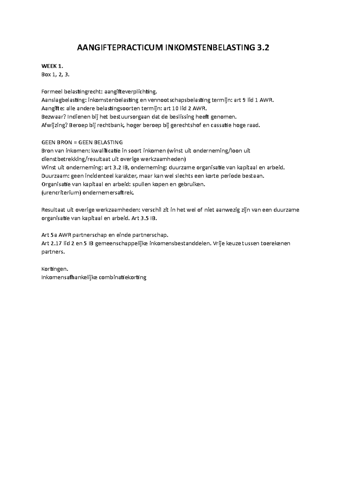 Samenvatting IB - AANGIFTEPRACTICUM INKOMSTENBELASTING 3. WEEK 1. Box 1 ...