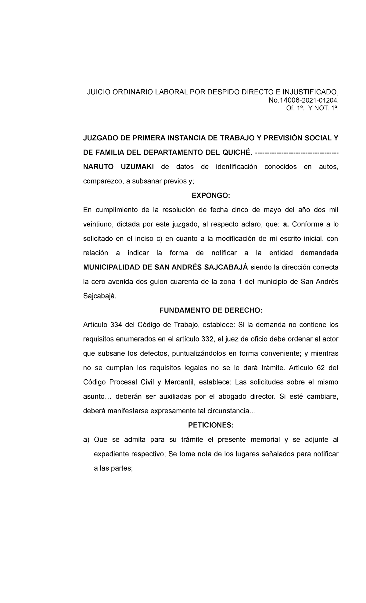 Memorial subsanacion de previos - JUICIO ORDINARIO LABORAL POR DESPIDO ...