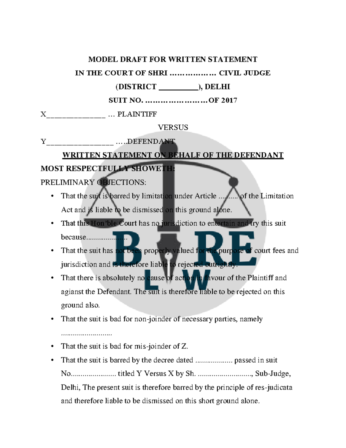 9 - llb - MODEL DRAFT FOR WRITTEN STATEMENT IN THE COURT OF SHRI ...
