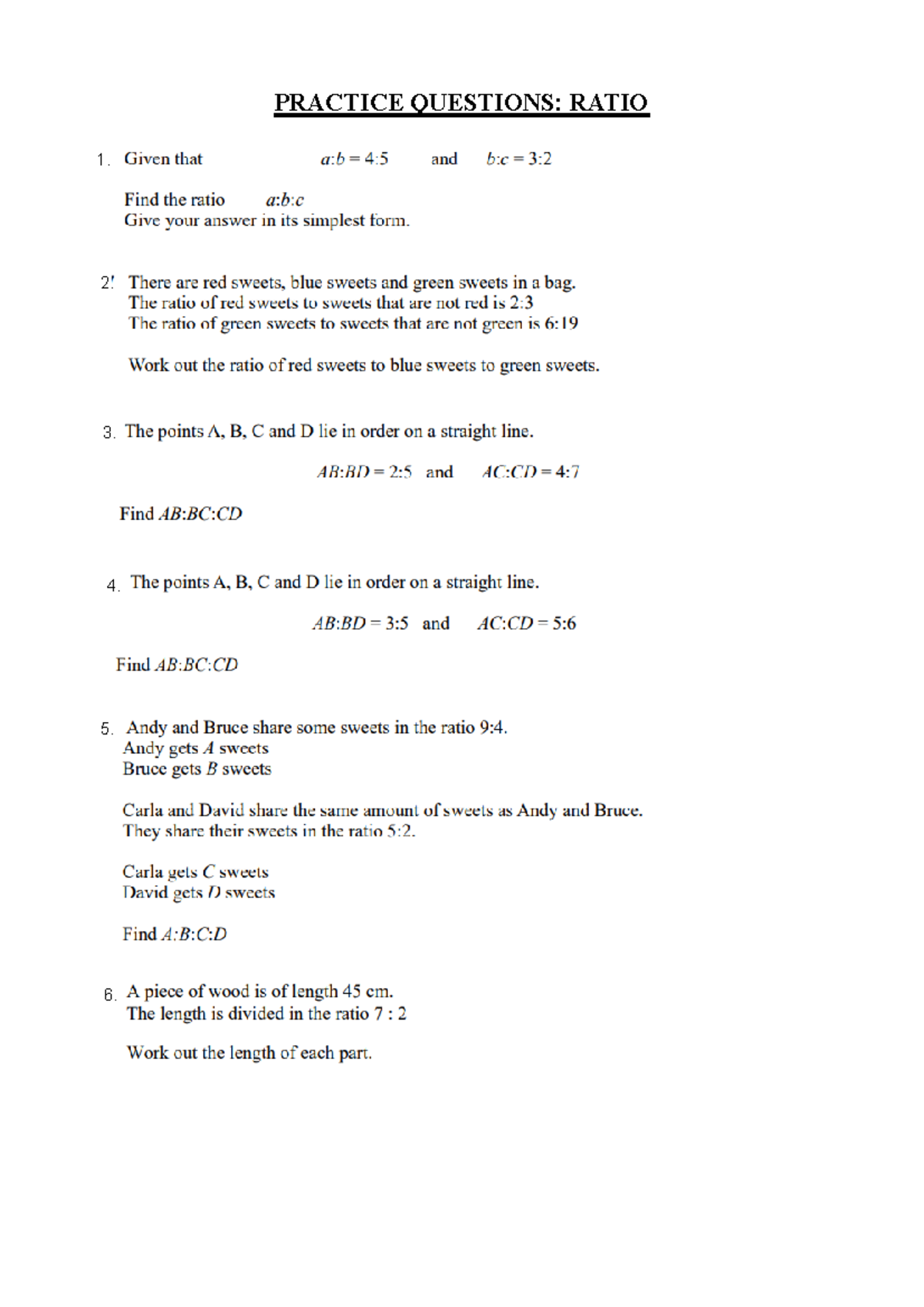 Practice Questions Ratio.pdf - 1. PRACTICE QUESTIONS: RATIO 2. 3. 4. 5 ...