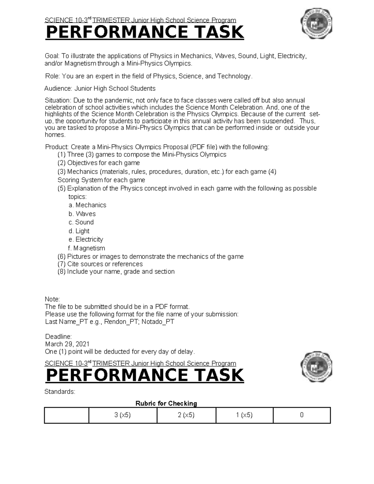 3rd Trim PT - Performance task in science - SCIENCE 10-3rd TRIMESTER ...