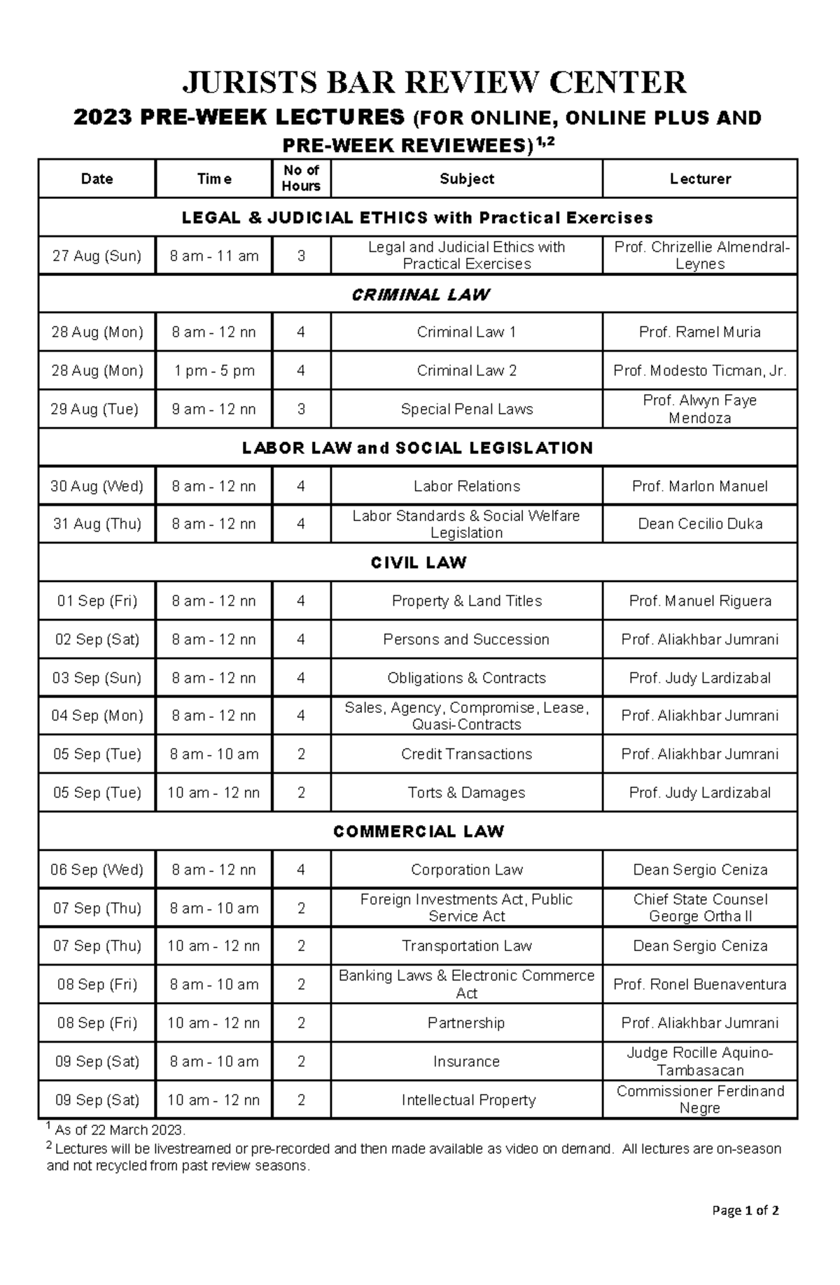2023 Schedule OF PRE-WEEK Lectures - Page 1 of 2 JURISTS BAR REVIEW ...