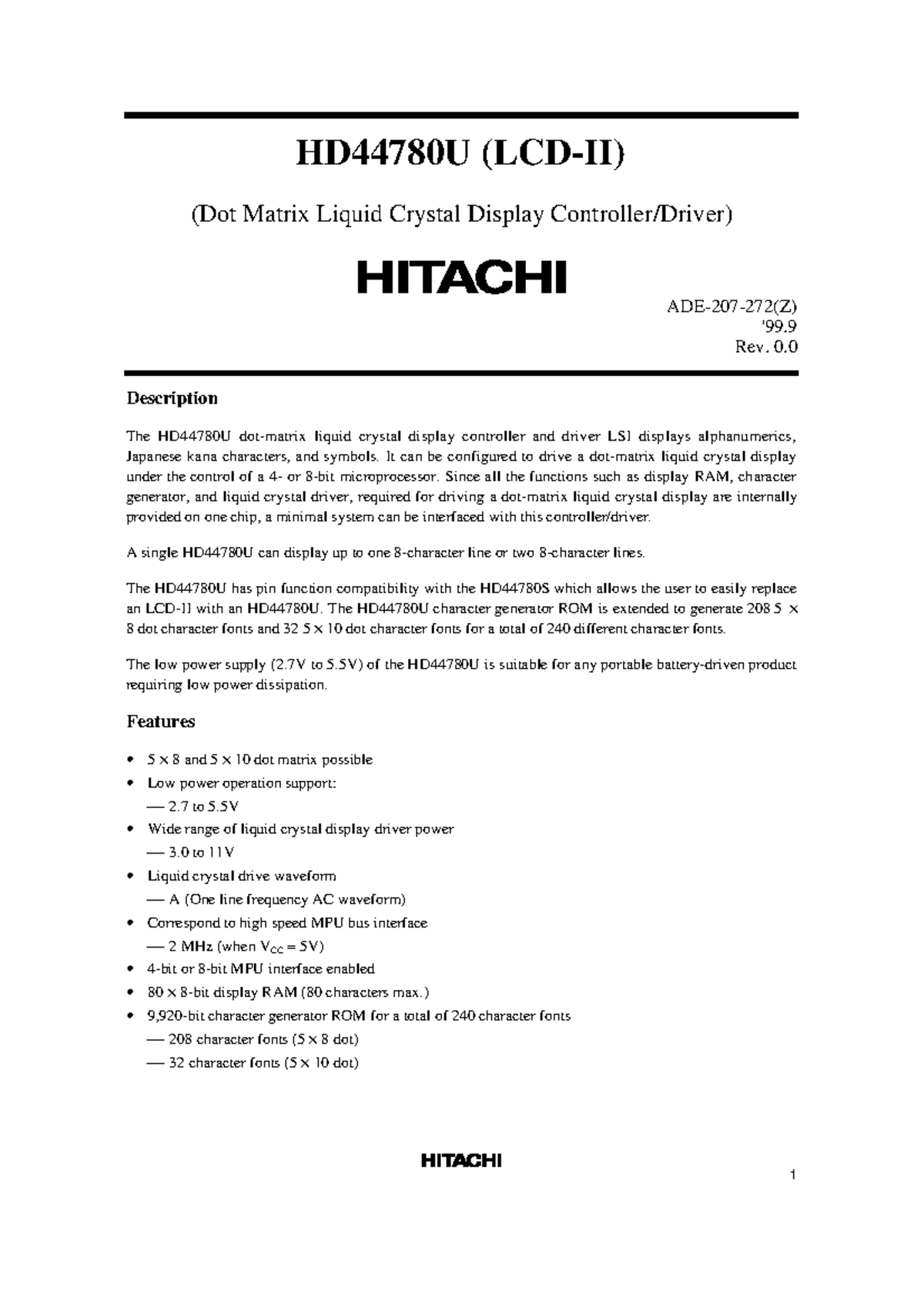 HD44780 datasheet - HD44780U (LCD-II) (Dot Matrix Liquid Crystal ...