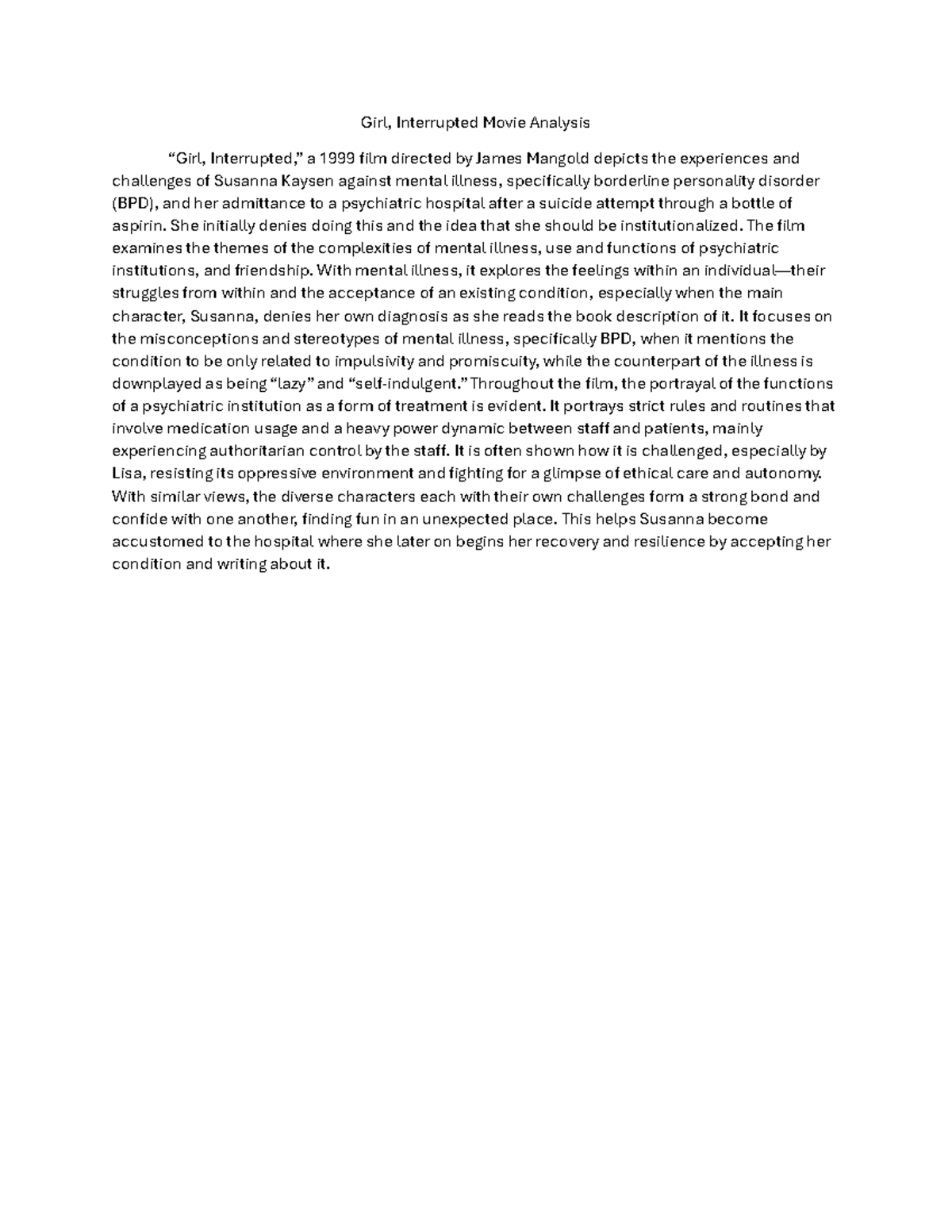 Girl Interrupted - Movie Analysis about mental illness - Girl ...