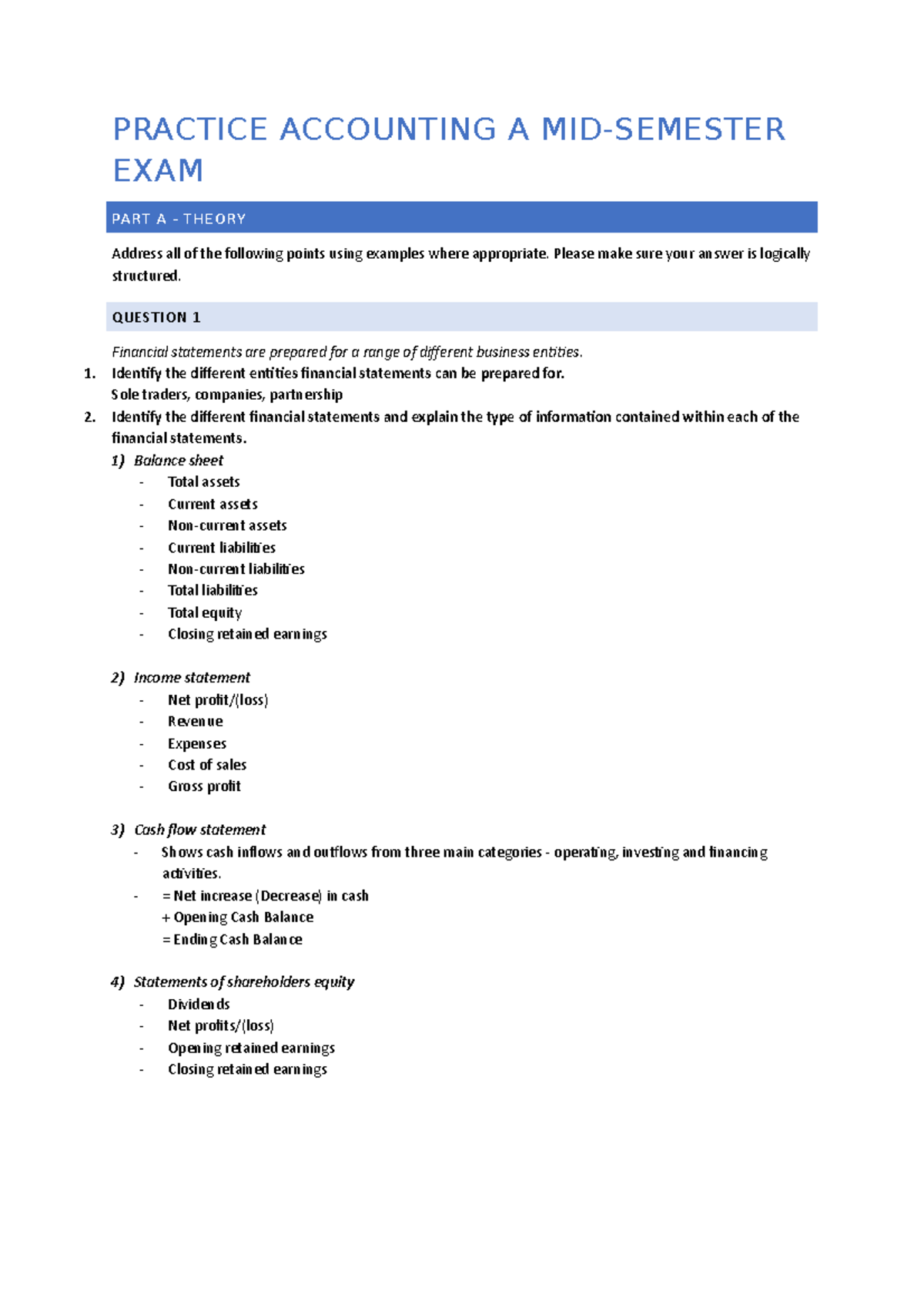 Sample/practice exam - PRACTICE ACCOUNTING A MID-SEMESTER EXAM PART A ...