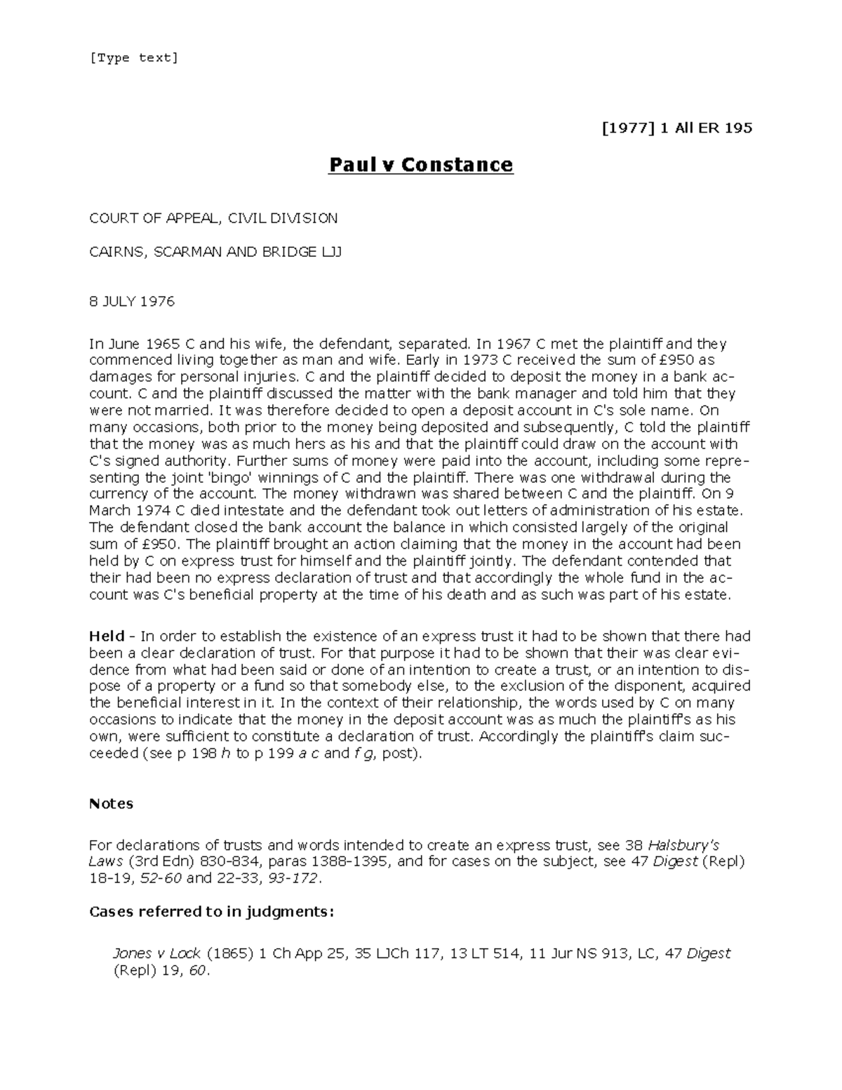 Paul v Constance 1977 1 All ER 195 - [1977] 1 All ER 195 Paul v ...