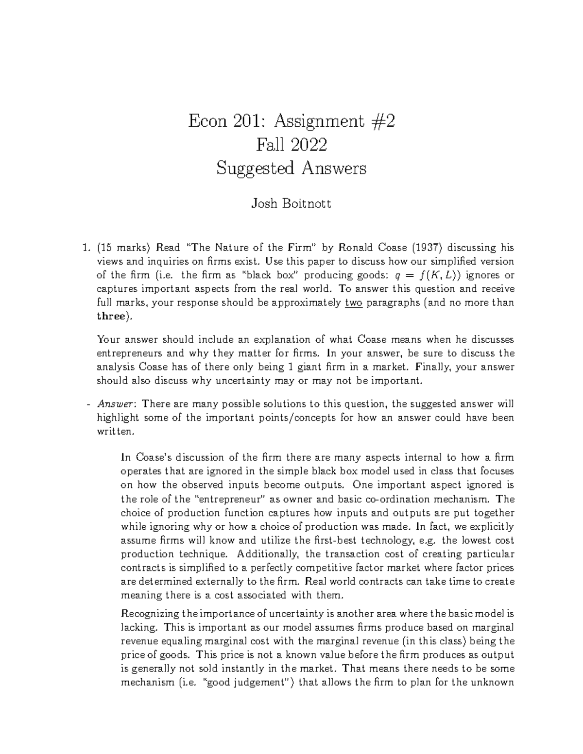 Econ201 A#2 Ans Key F22 - Exam prep questions - Econ 201: Assignment ...