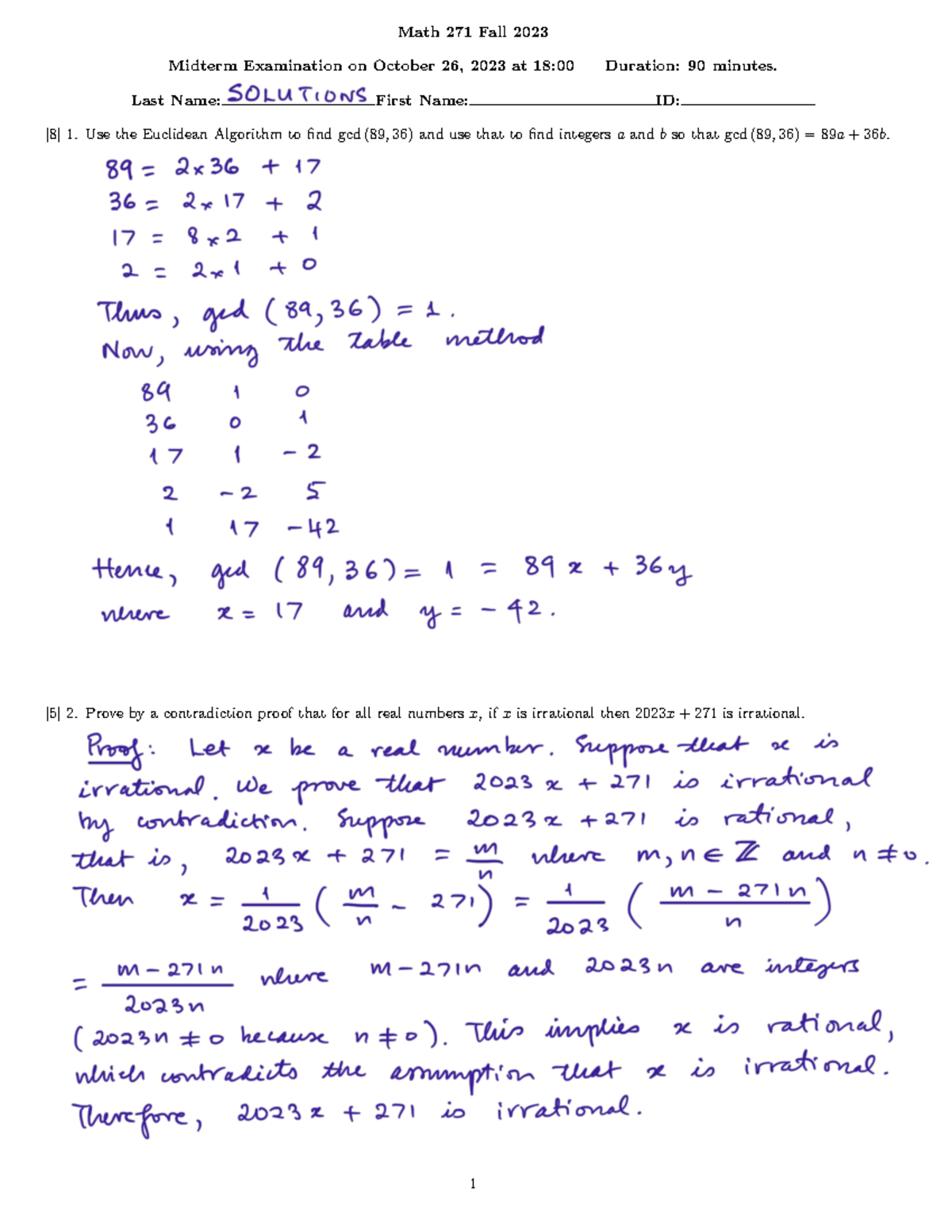 Fall 2023 Math 271 Midterm Solutions - [8] 1. Use the Euclidean Algorithm to find gcd (89Last ...