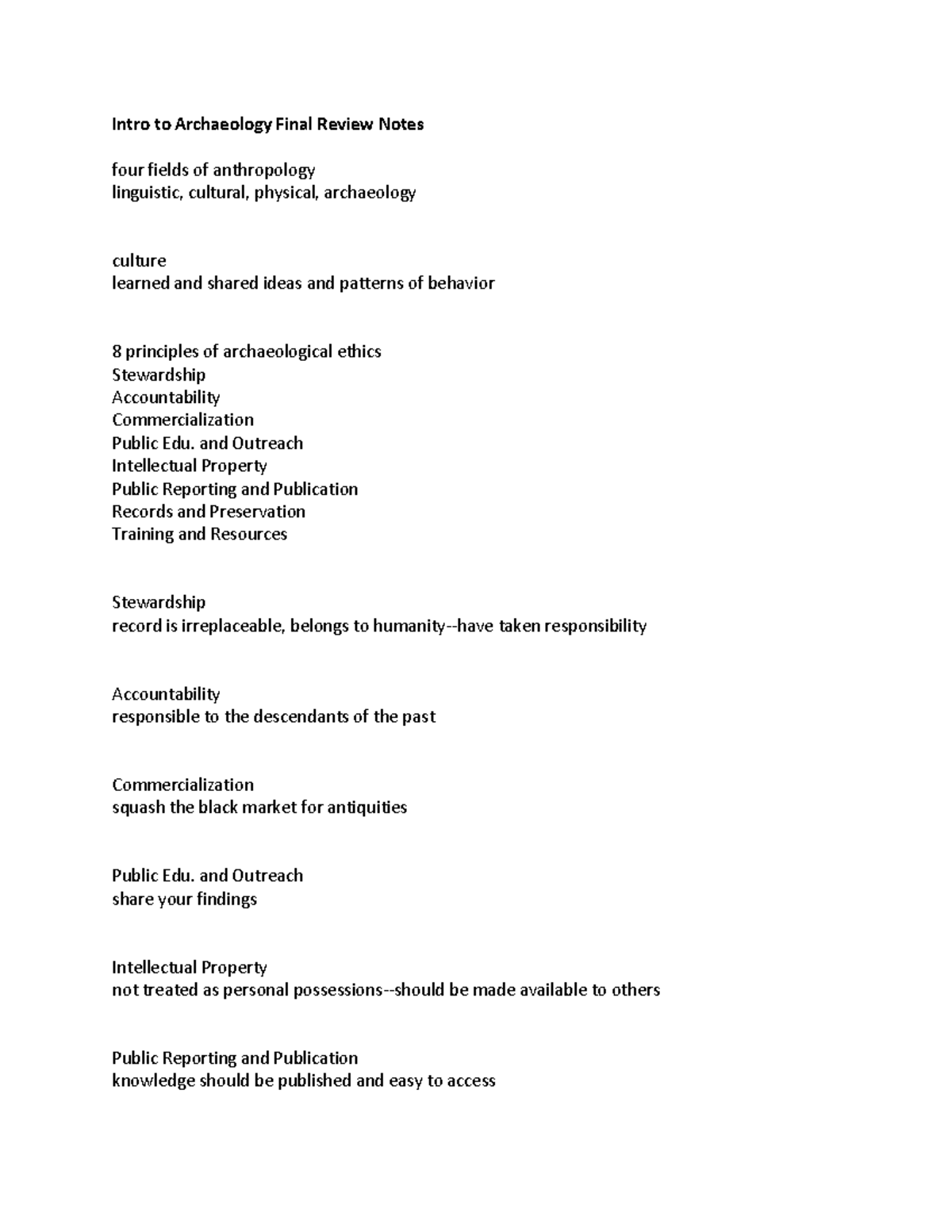 Intro to Archaeology Final Review Notes - and Outreach Intellectual ...