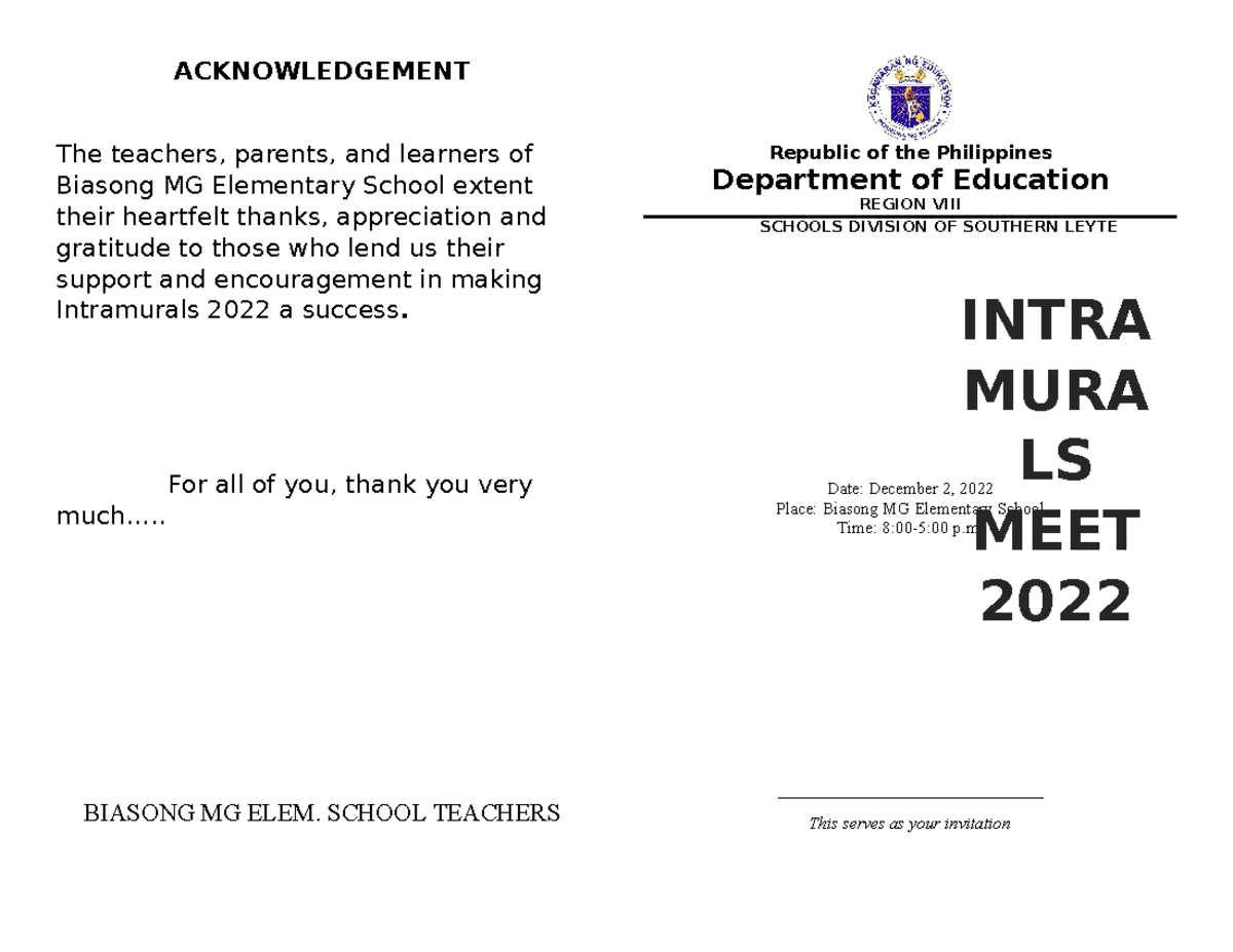 Biasong Programs Intrams - ACKNOWLEDGEMENT The teachers, parents, and ...