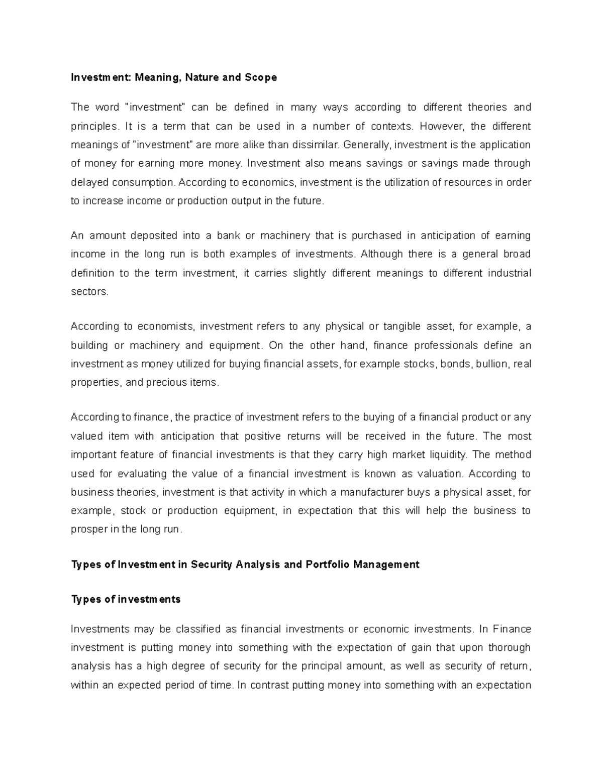 Day 2 investment p2 - Lecture notes 2.2 - Investment: Meaning, Nature ...
