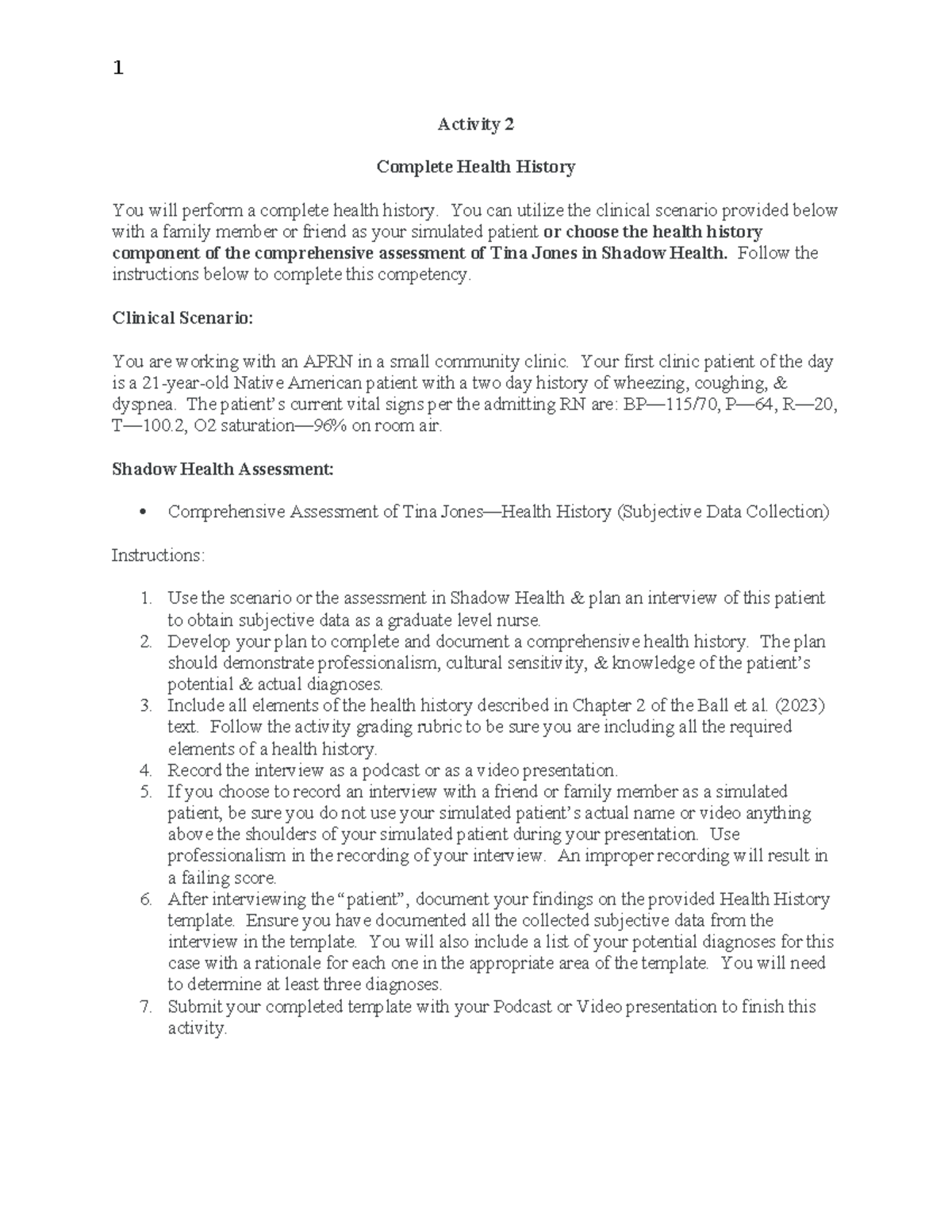 Activity 2 instructions - 1 Activity 2 Complete Health History You will ...