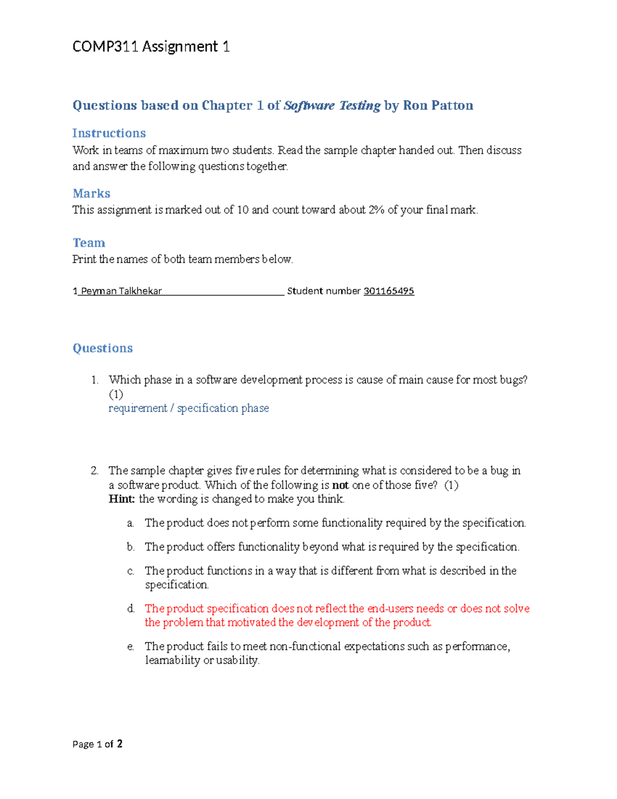 Assignment 1- software testing by Patton - COMP311 Assignment 1 Page 1 ...