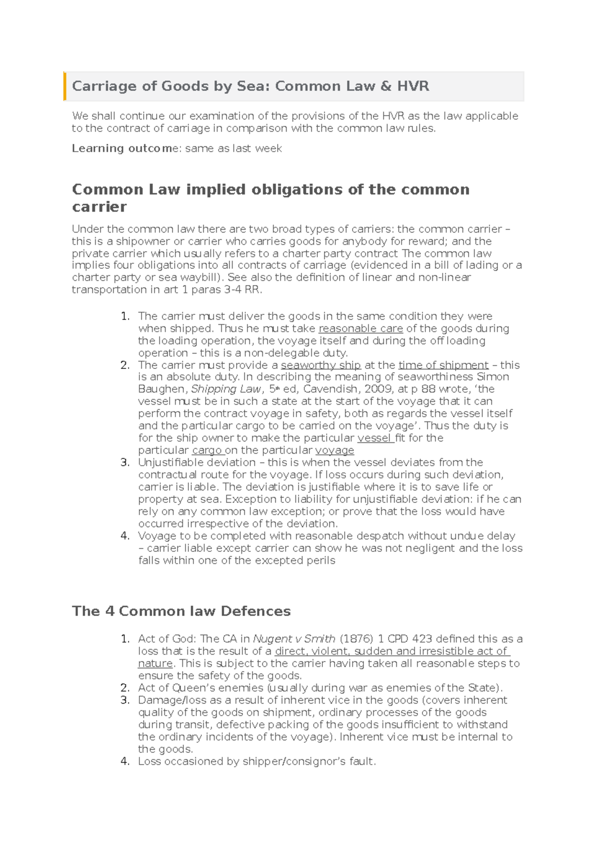 Lecture 15 Carriage of Goods by Sea - Carriage of Goods by Sea: Common ...