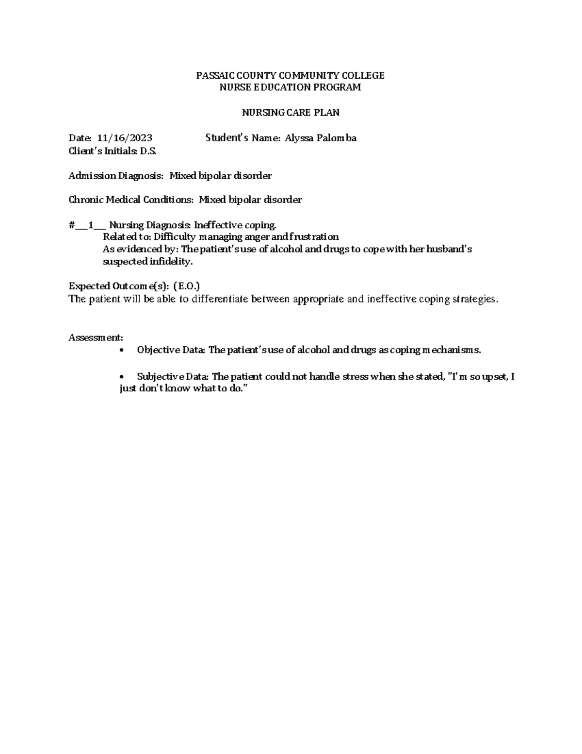 Care plan 3 - psych care plan - PASSAIC COUNTY COMMUNITY COLLEGE NURSE ...