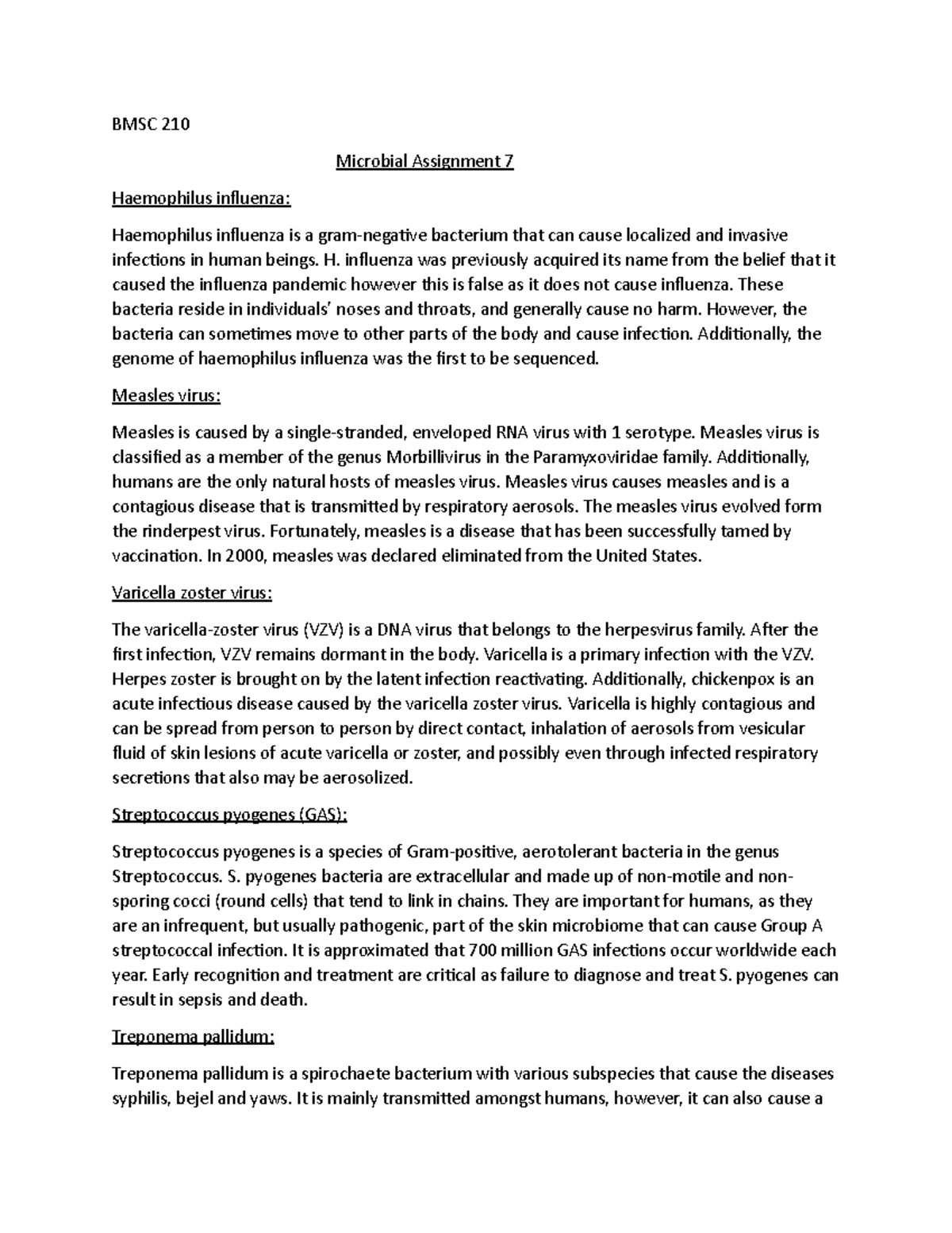 Microbial Assignment 7 - BMSC 210 Microbial Assignment 7 Haemophilus influenza: Haemophilus ...