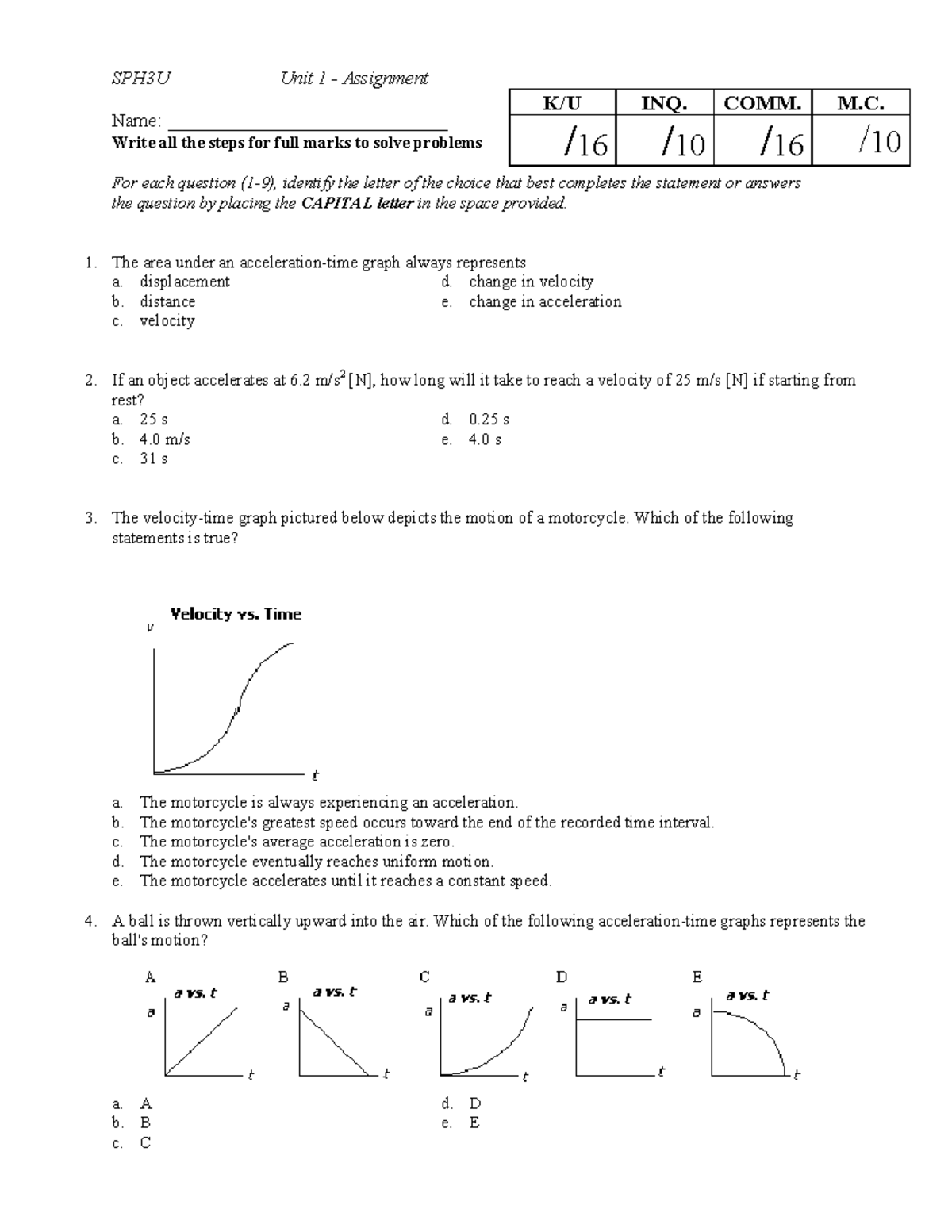 Assignment 1 - note 1 - SPH3U Unit 1 - Assignment Name ...