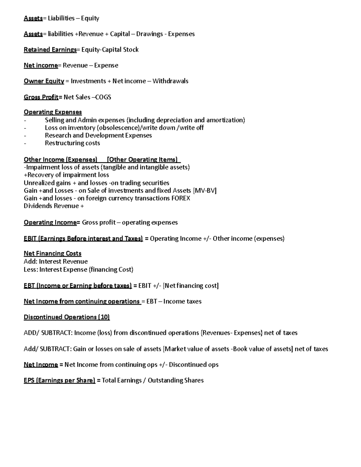 Accounting Formulas - Notes - Assets= Liabilities – Equity Assets ...