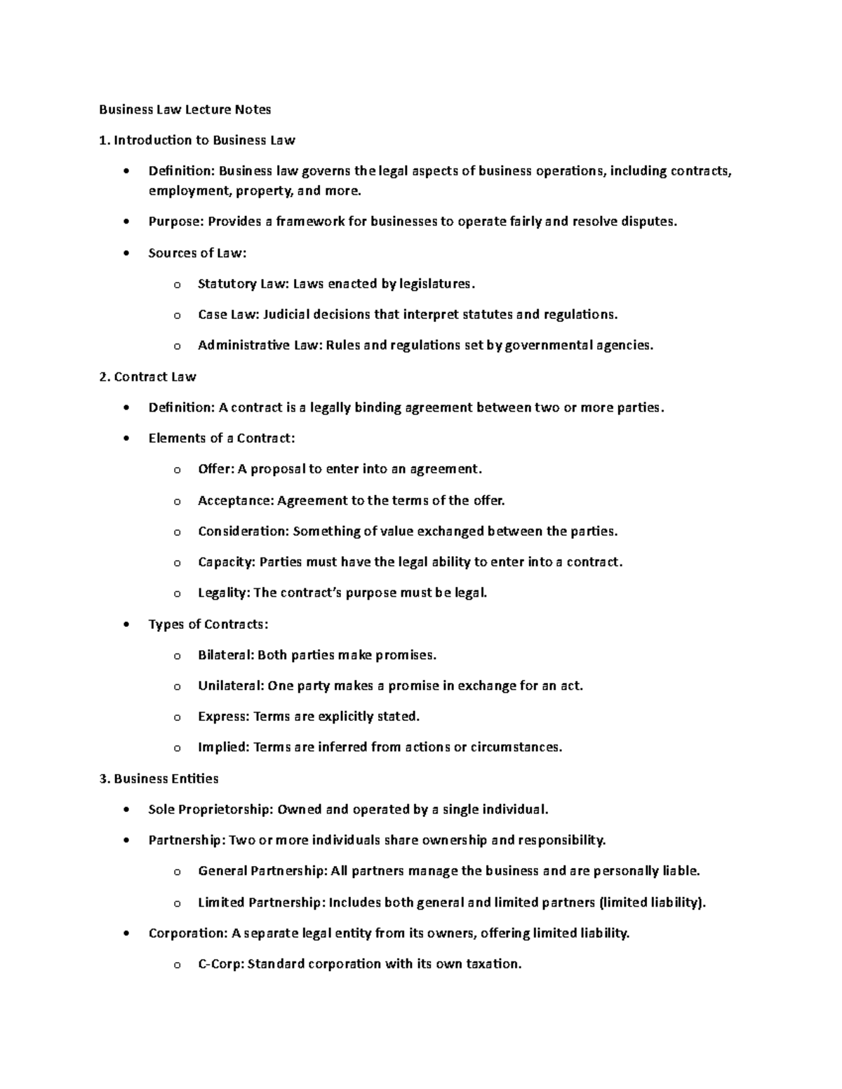 Accounting Business Law - Business Law Lecture Notes 1. Introduction to ...