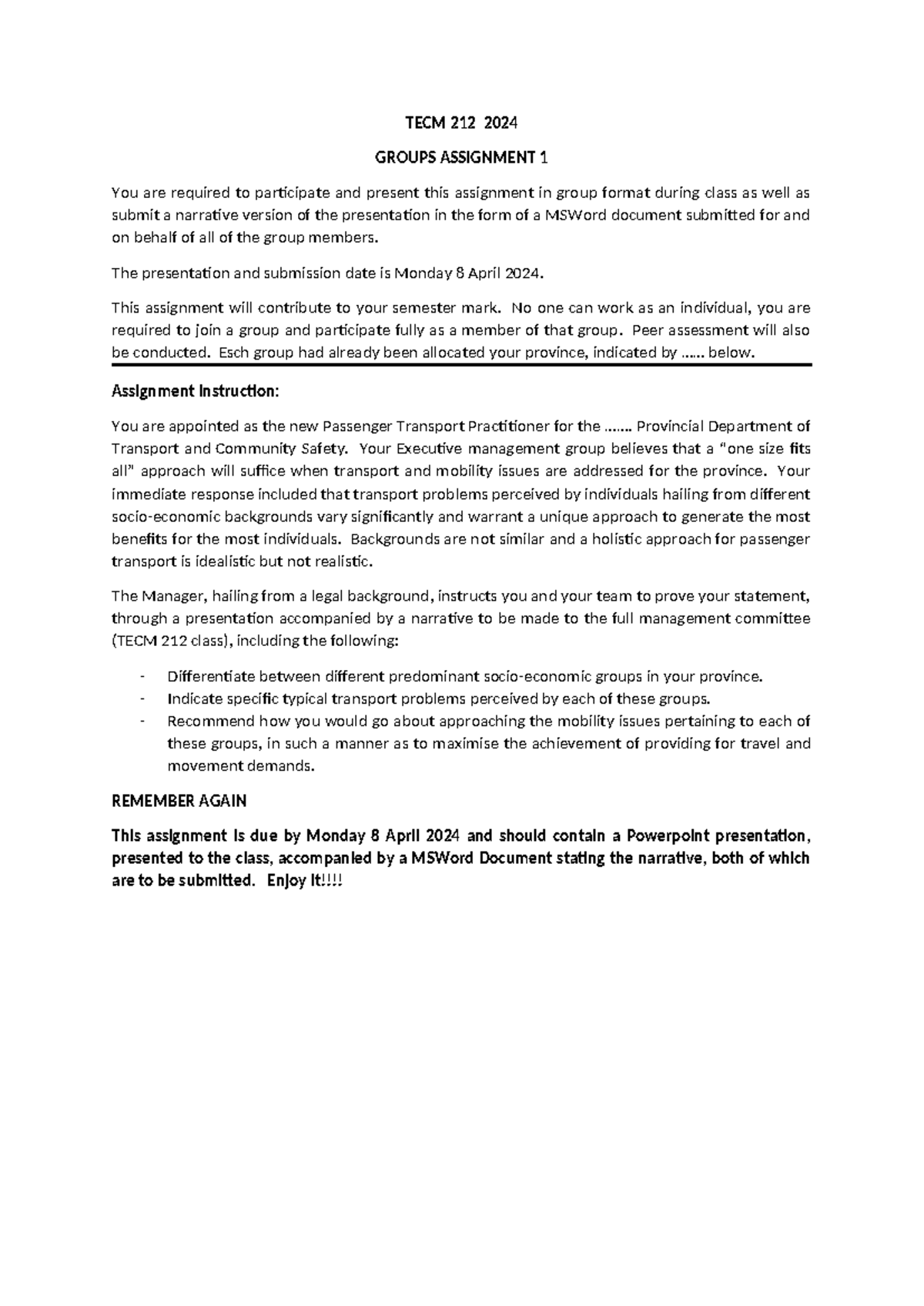 Assignment 212 2024 KV - Examples and practical questions - TECM 212 2024 GROUPS ASSIGNMENT 1 ...