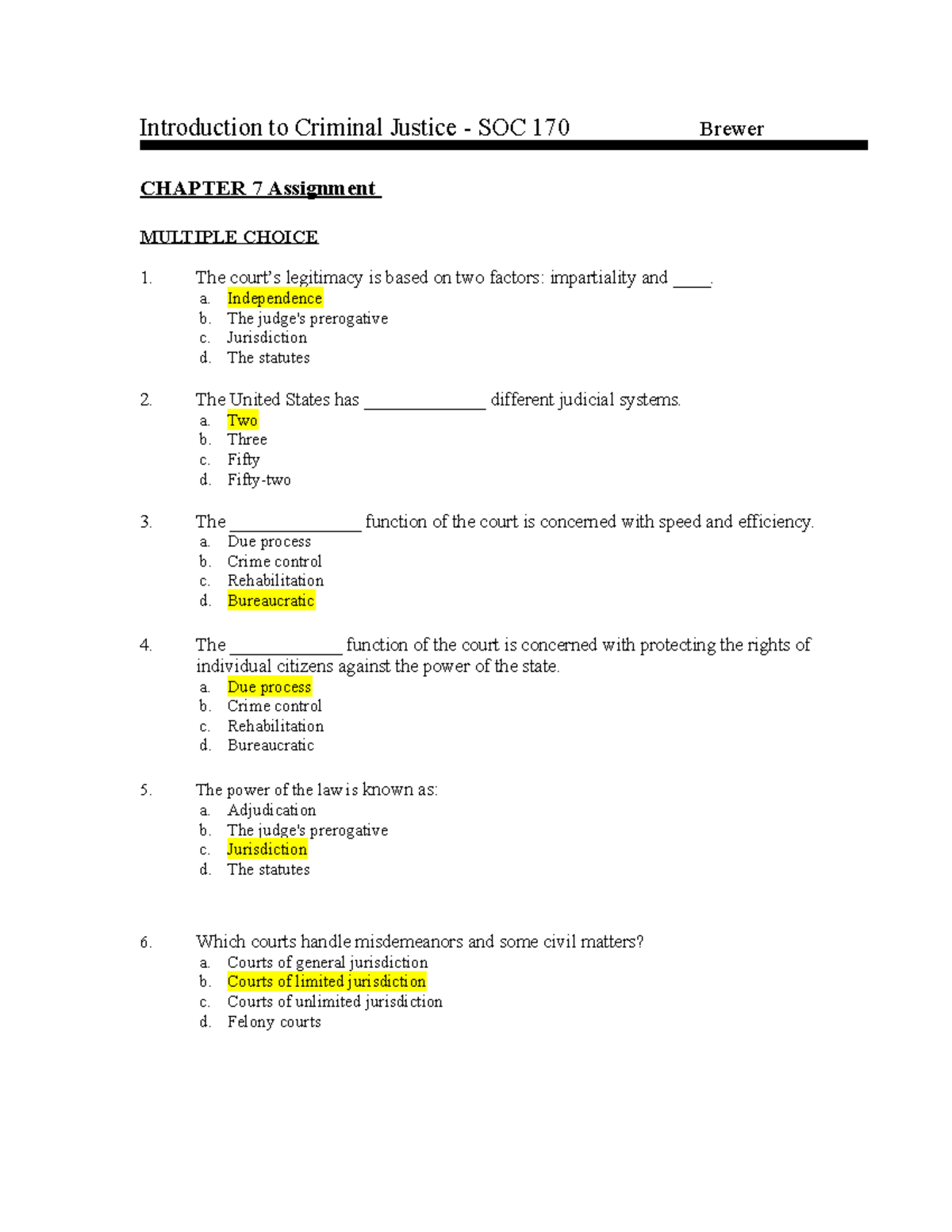 Chapter 7 Assignment - Introduction to Criminal Justice - SOC 170 ...