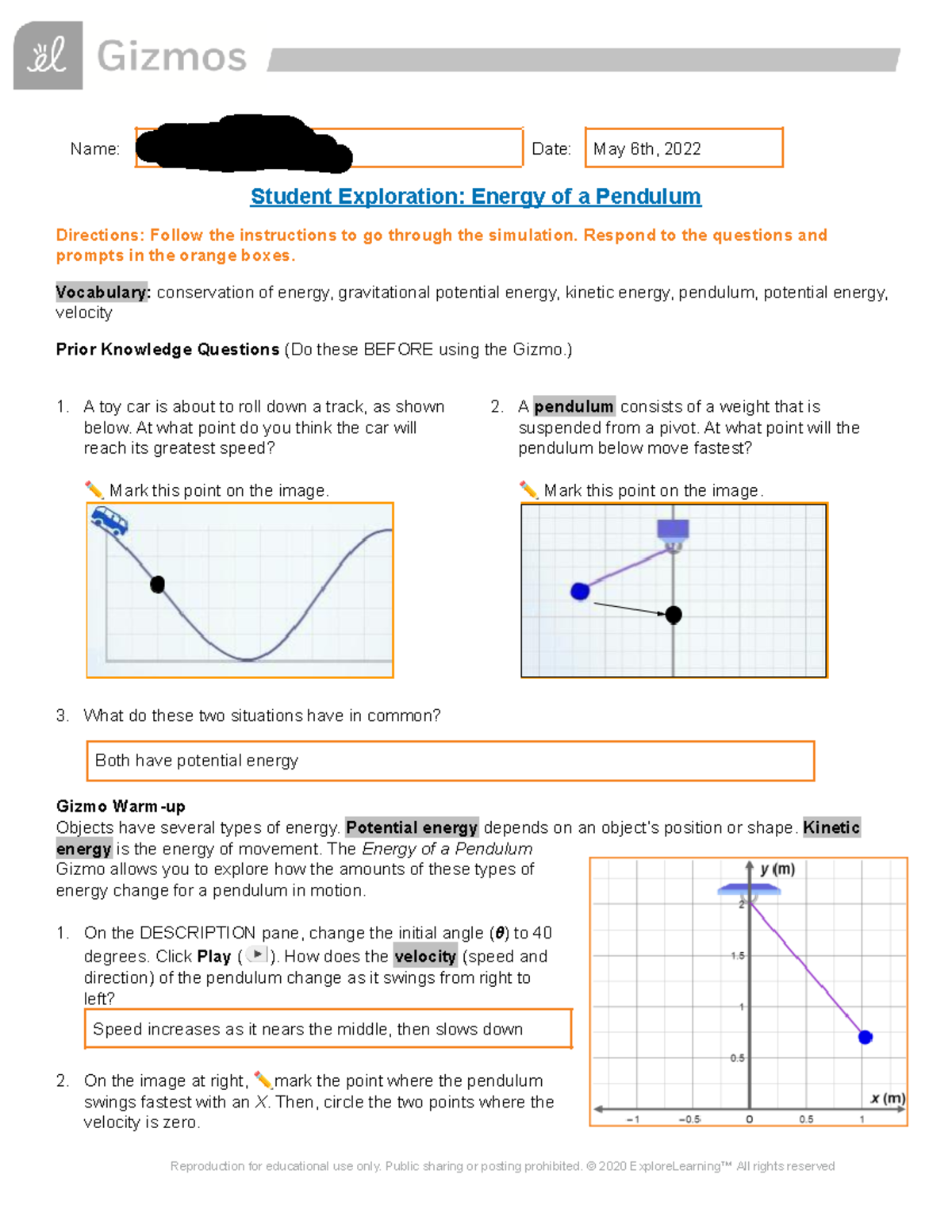 Energy Pendulum SE 1 - Name: Shivani Ramkalawan Date: May 6th, 2022 ...
