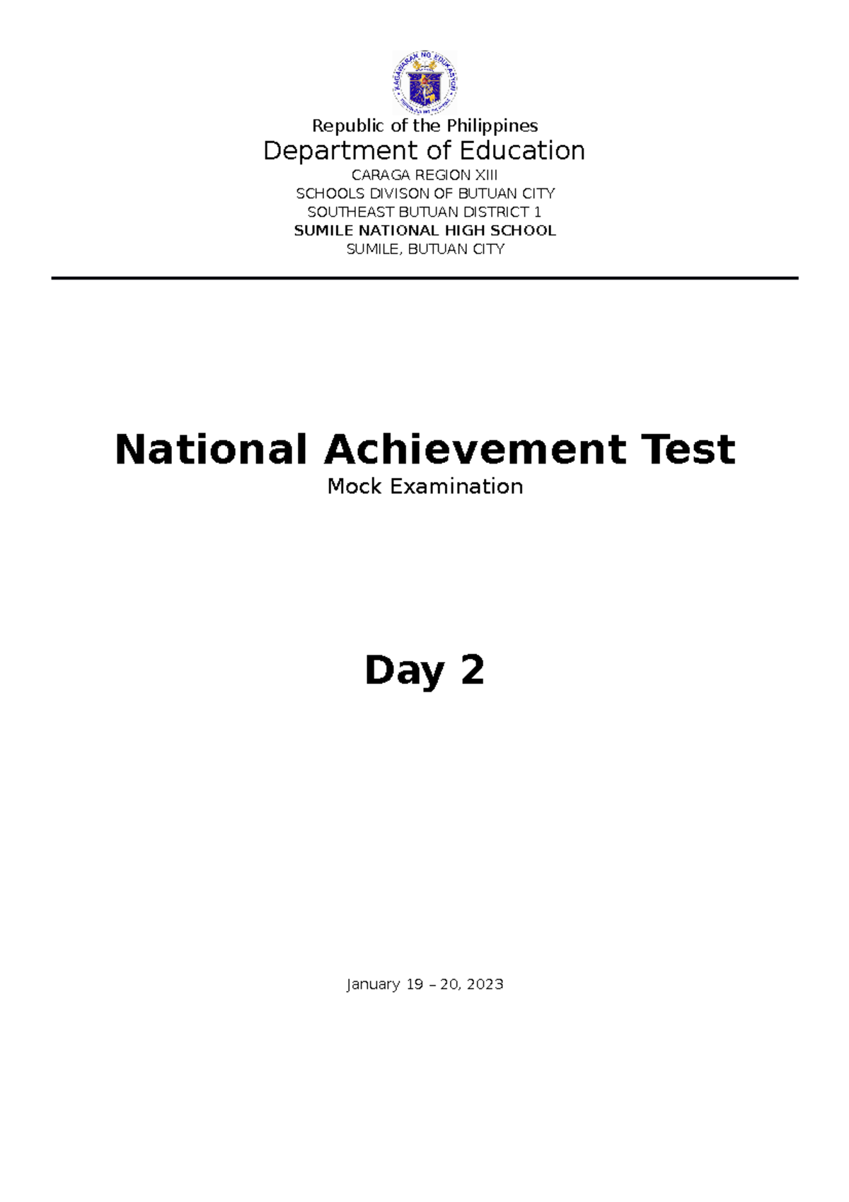 Nat mock exam - 2 - NAT MOCK EXAM - Republic of the Philippines ...