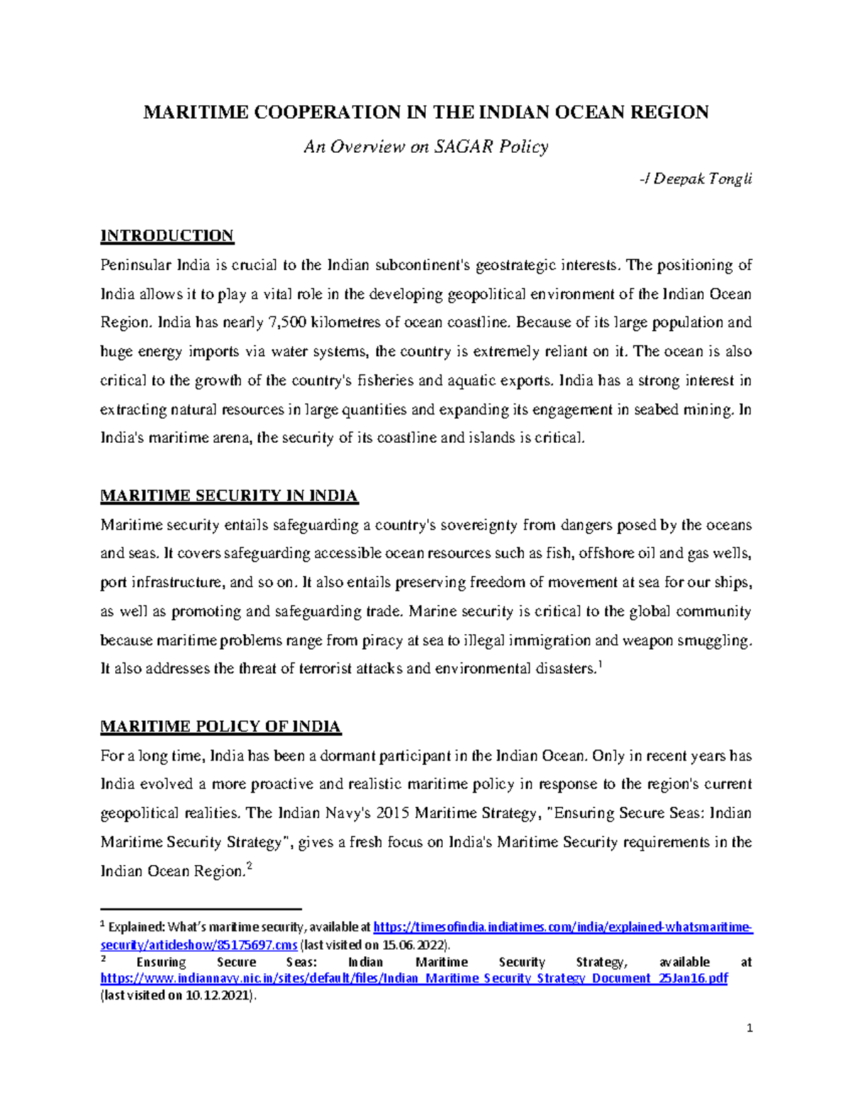 Cmslg 202 IA JK DRT Sagar Policy - MARITIME COOPERATION IN THE INDIAN ...